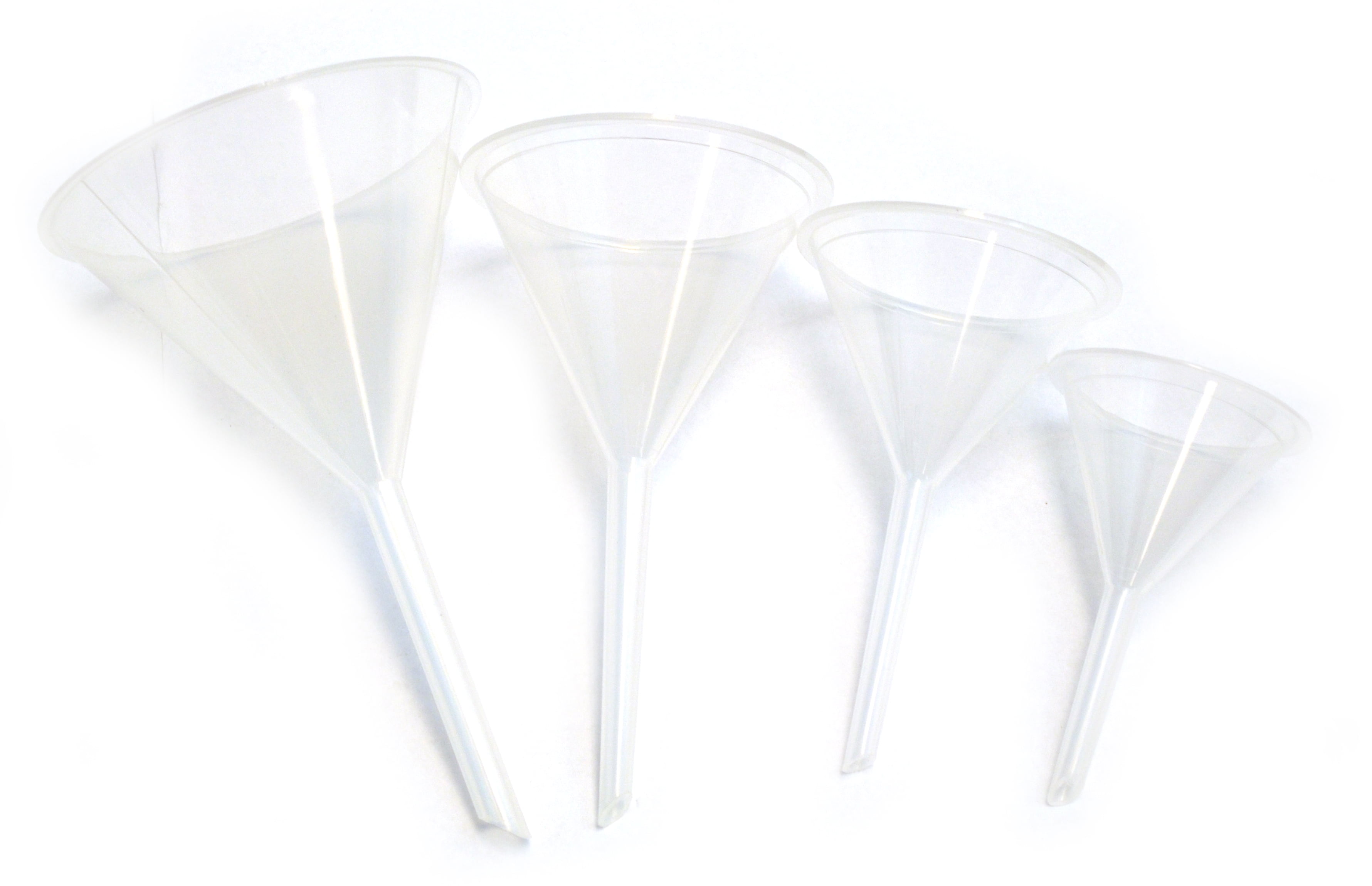 Eisco Labs 4 piece Plastic Funnel Set - 2 1/4" , 2 3/4", 3 1/4", 3 15/ ...