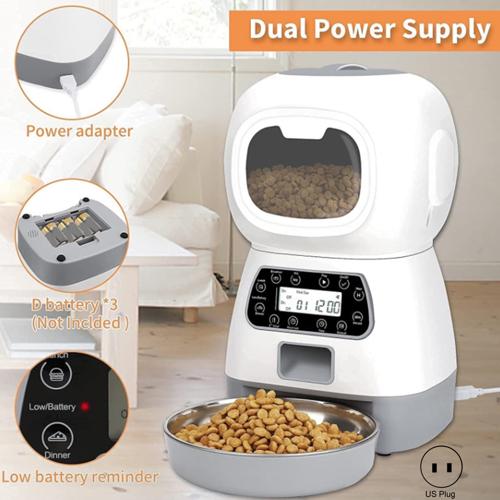 Eisoary 3.5L Automatic Pet Feeder Dual Power Supply Visible Food ...