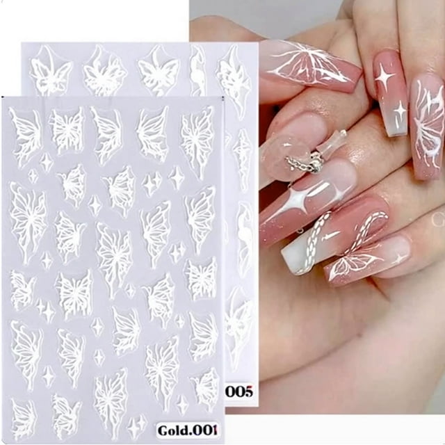 Eisoary Embossed Nails Art Stickers Creative Engraved White Butterfly ...