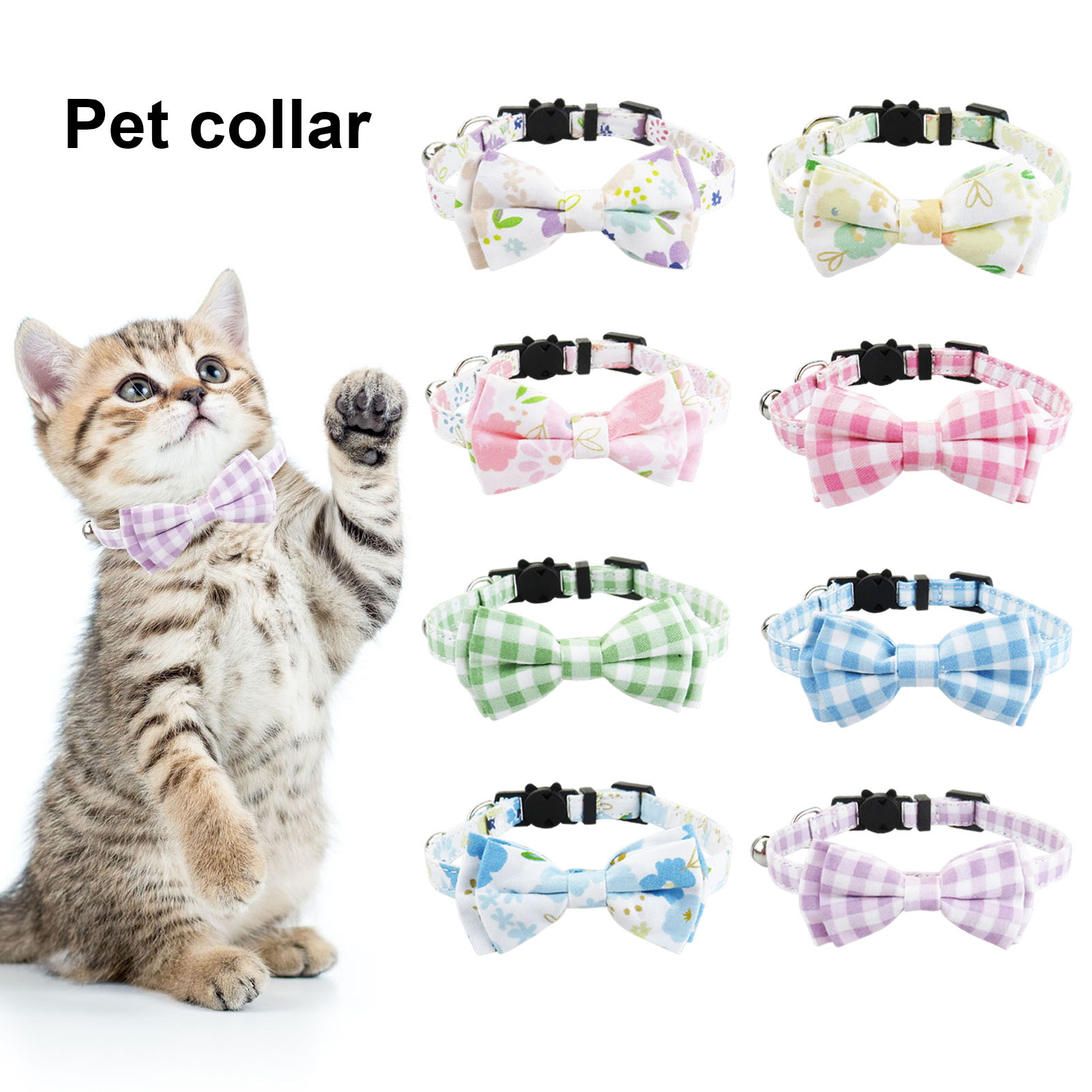 Eisoary Fabric Bowtie Cat Collar Classic Plaid Check Printed Pet Choker ...