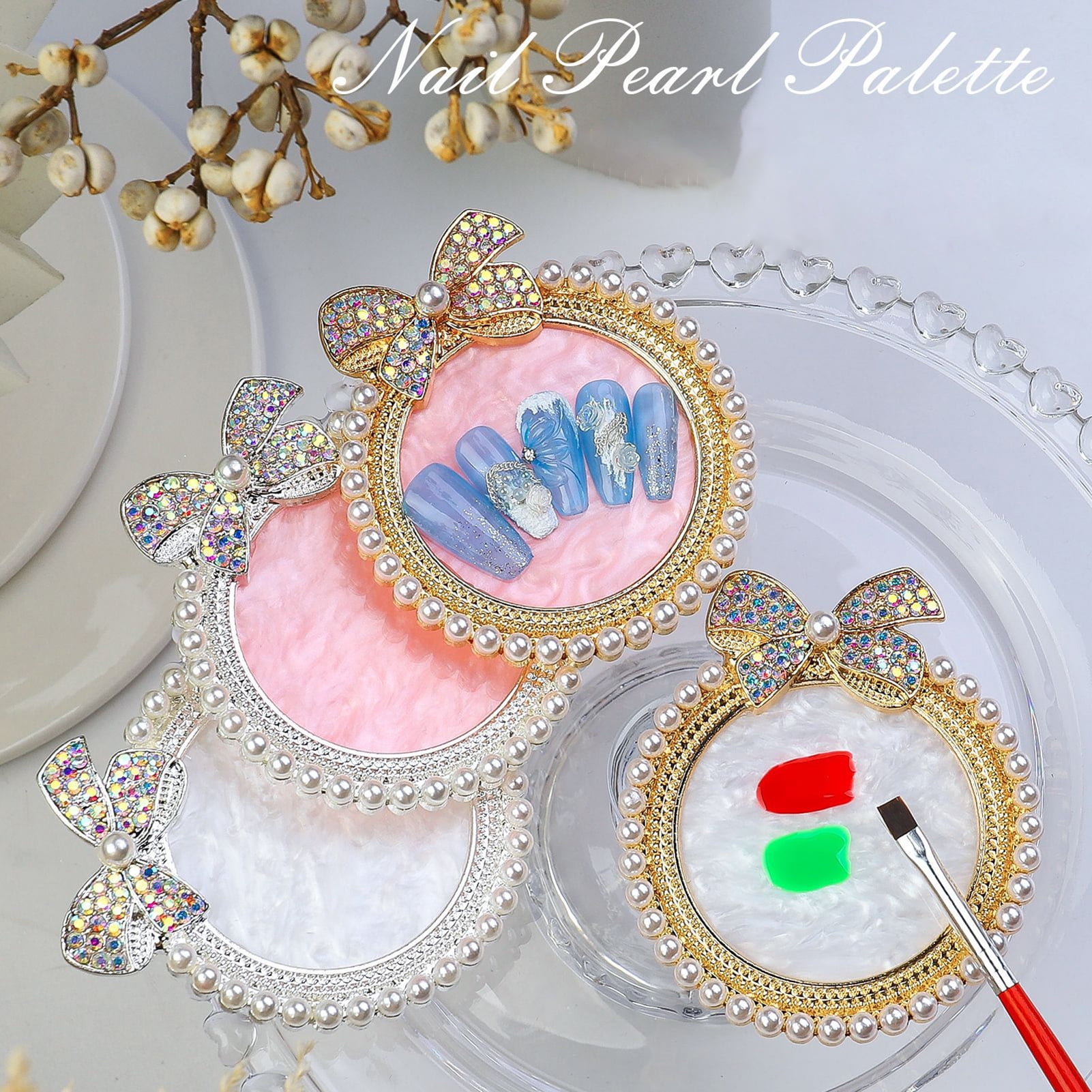 Eisoary Nail Art Palette Faux Pearl Design Sparkling with Bow-knot ...