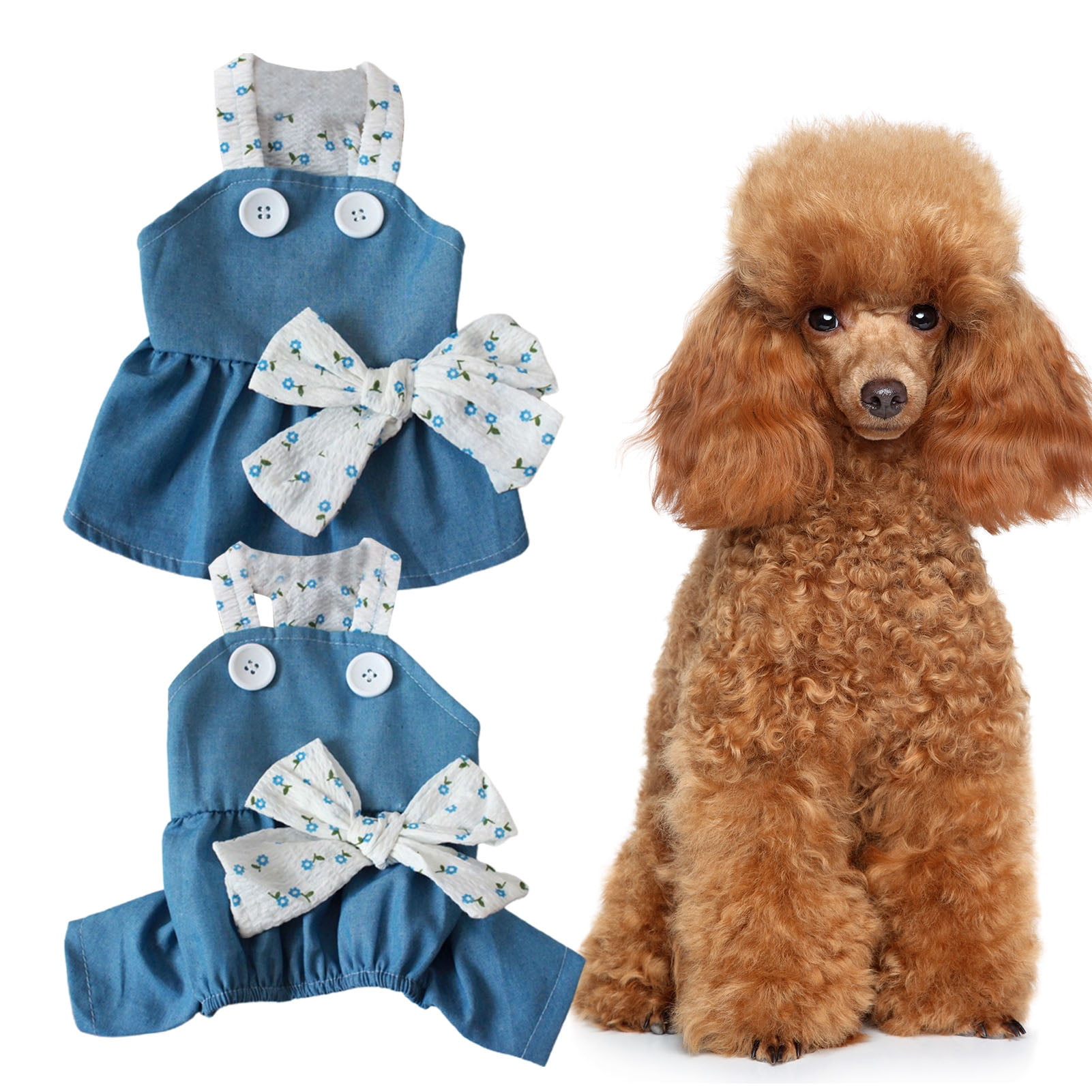 Eisoary Summer Denim Pet Dress with Bow Button Flower Design Soft Dog ...