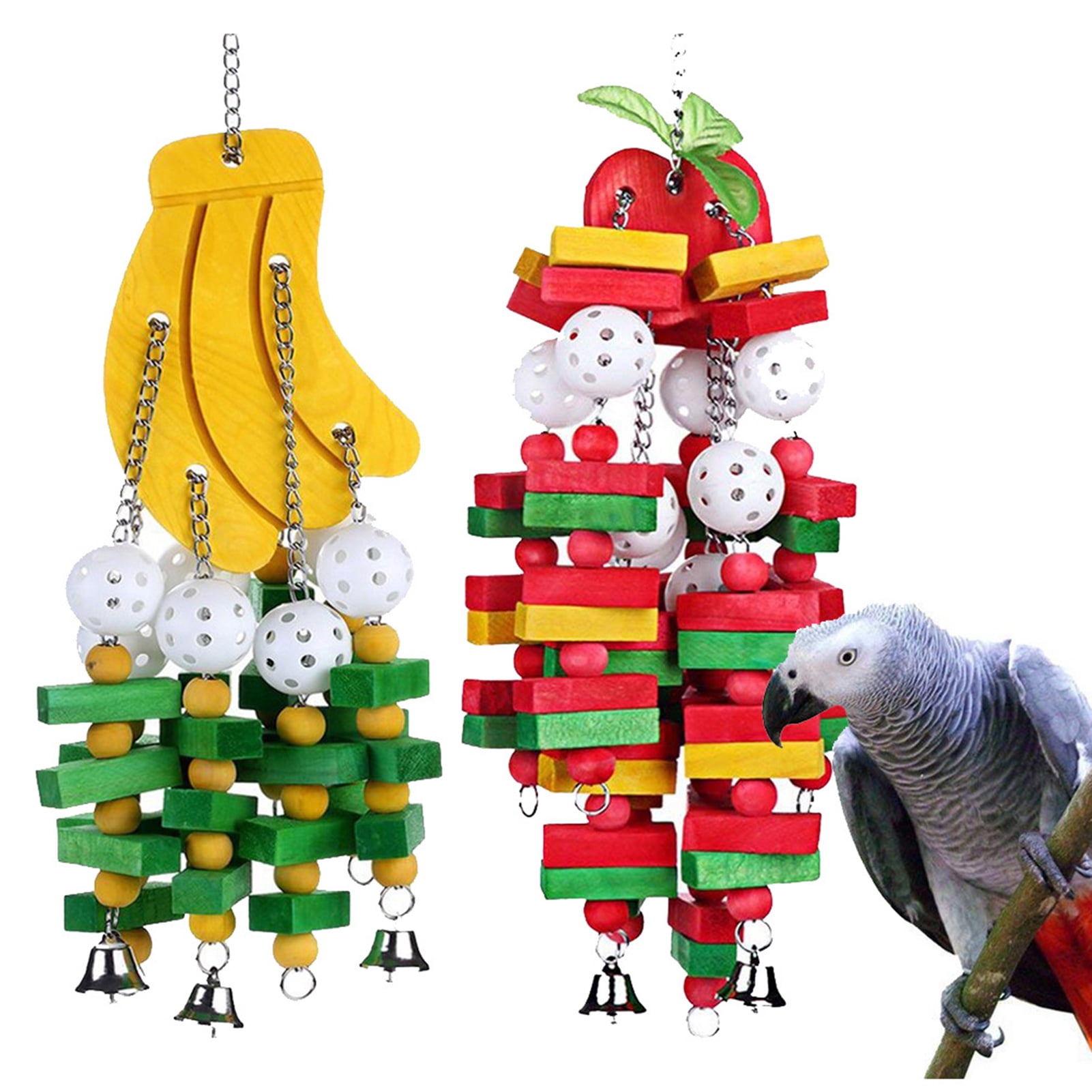 Eisoary Wooden Parrot Bird Hanging Biting Toys Banana Apple Skewers Big ...