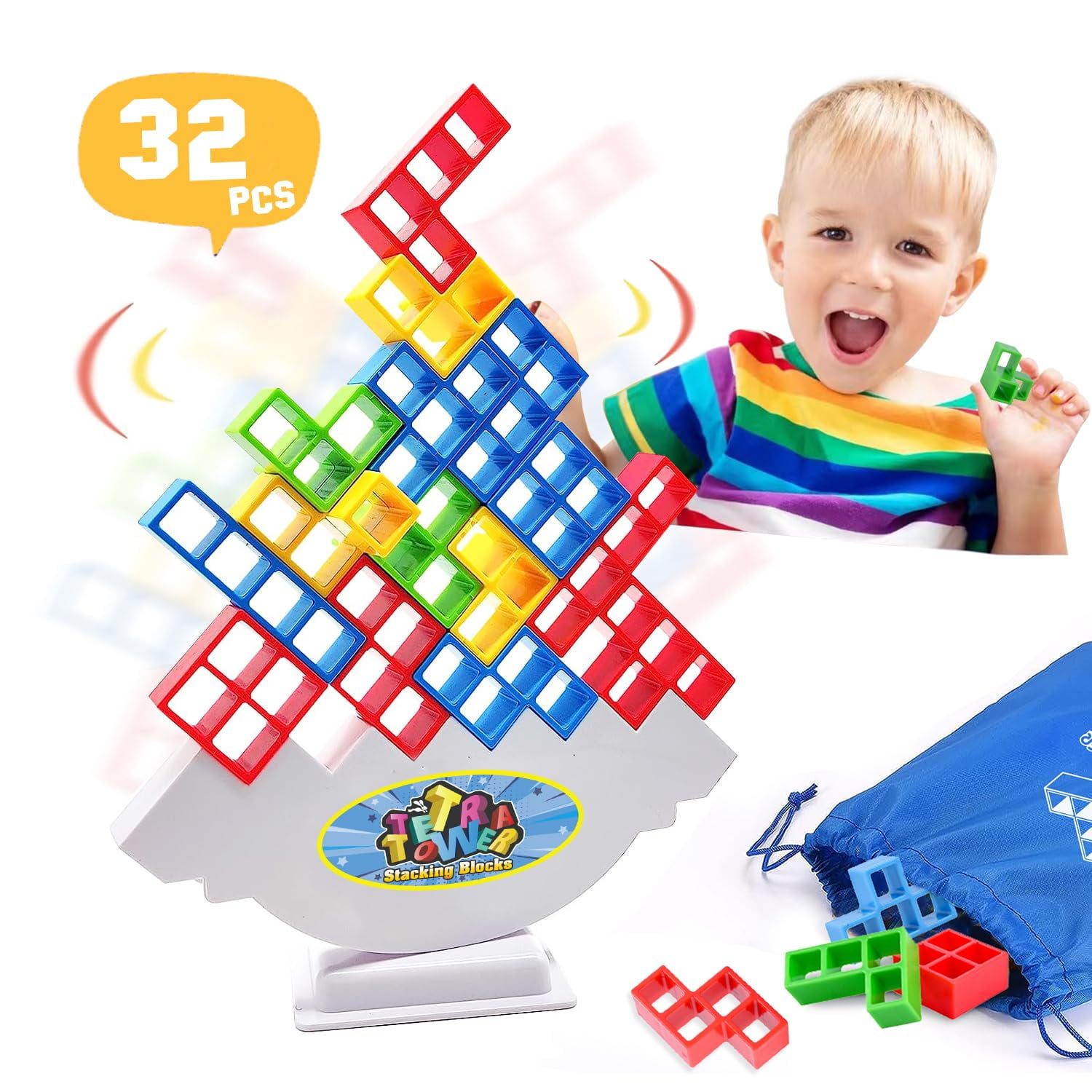 Eivaai Tetra Tower Games Balance Stacking Blocks Game, 32 Pcs Board ...