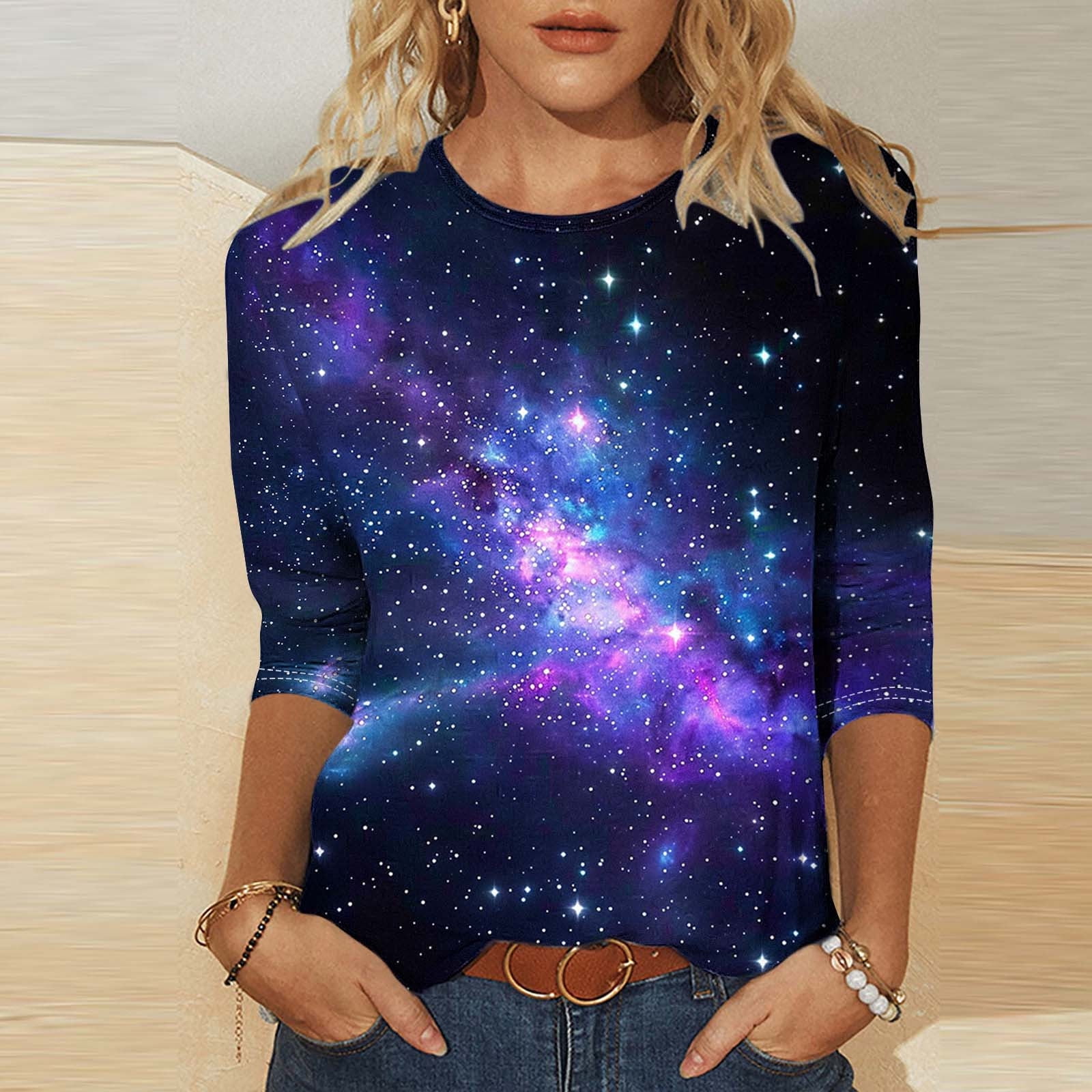 Eiyaclvo 2025 Clearance Sales Womens Tops 3/4 Sleeve Shirts Round Neck Loose Casual Blouses ...