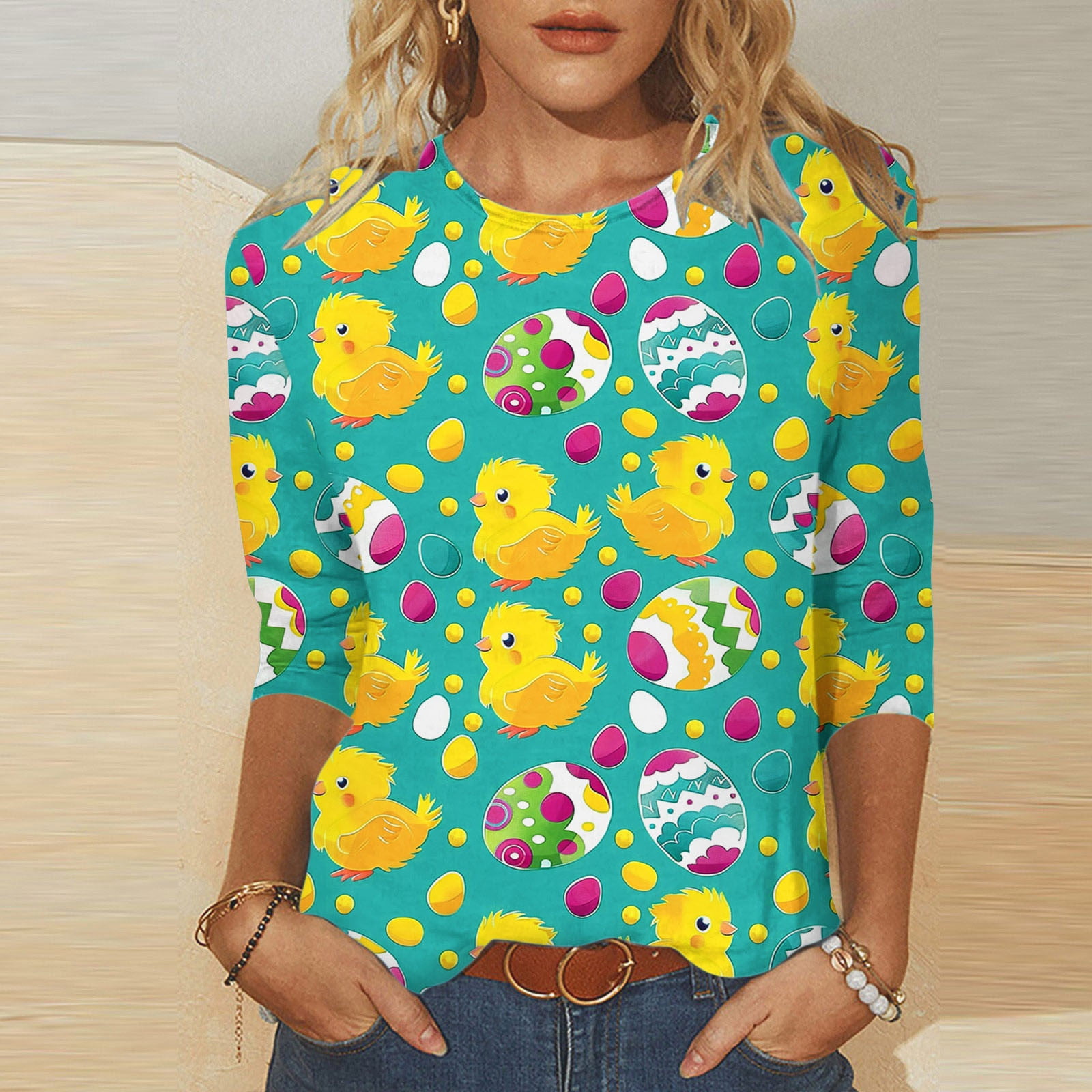 Eiyaclvo 3/4 Sleeve Tops for Women Easter Holiday Round Neck Tops Funny ...