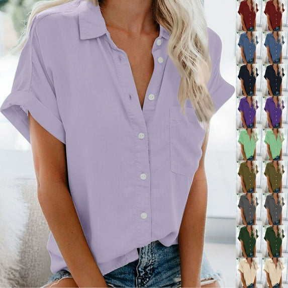 Eiyaclvo Button Down Shirts for Women Short Sleeve Collared Tops Ladies ...