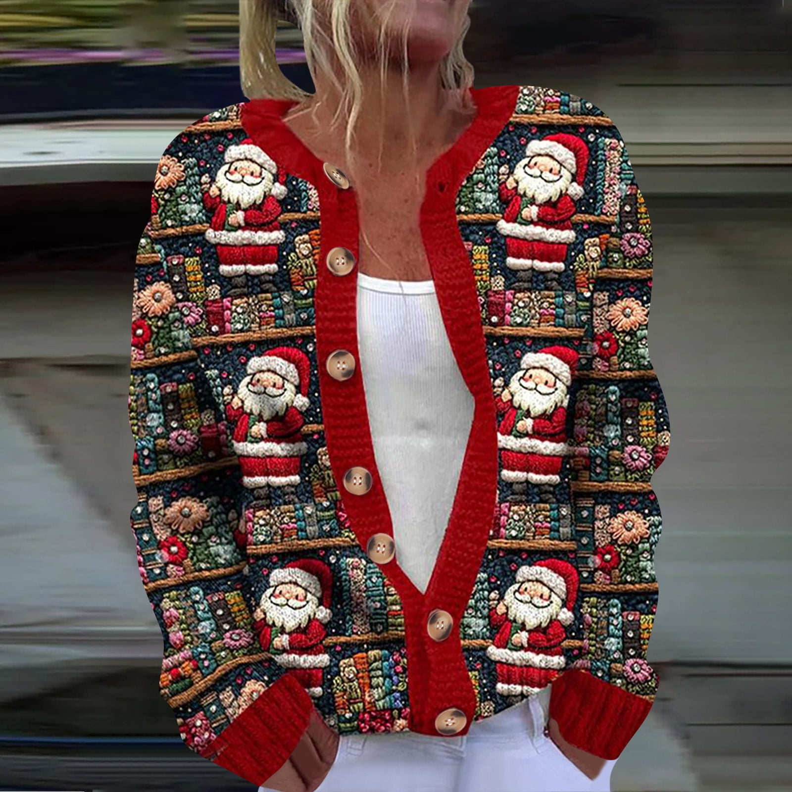 Eiyaclvo Christmas Sweaters for Women Ugly Santa Print Button Up Long ...