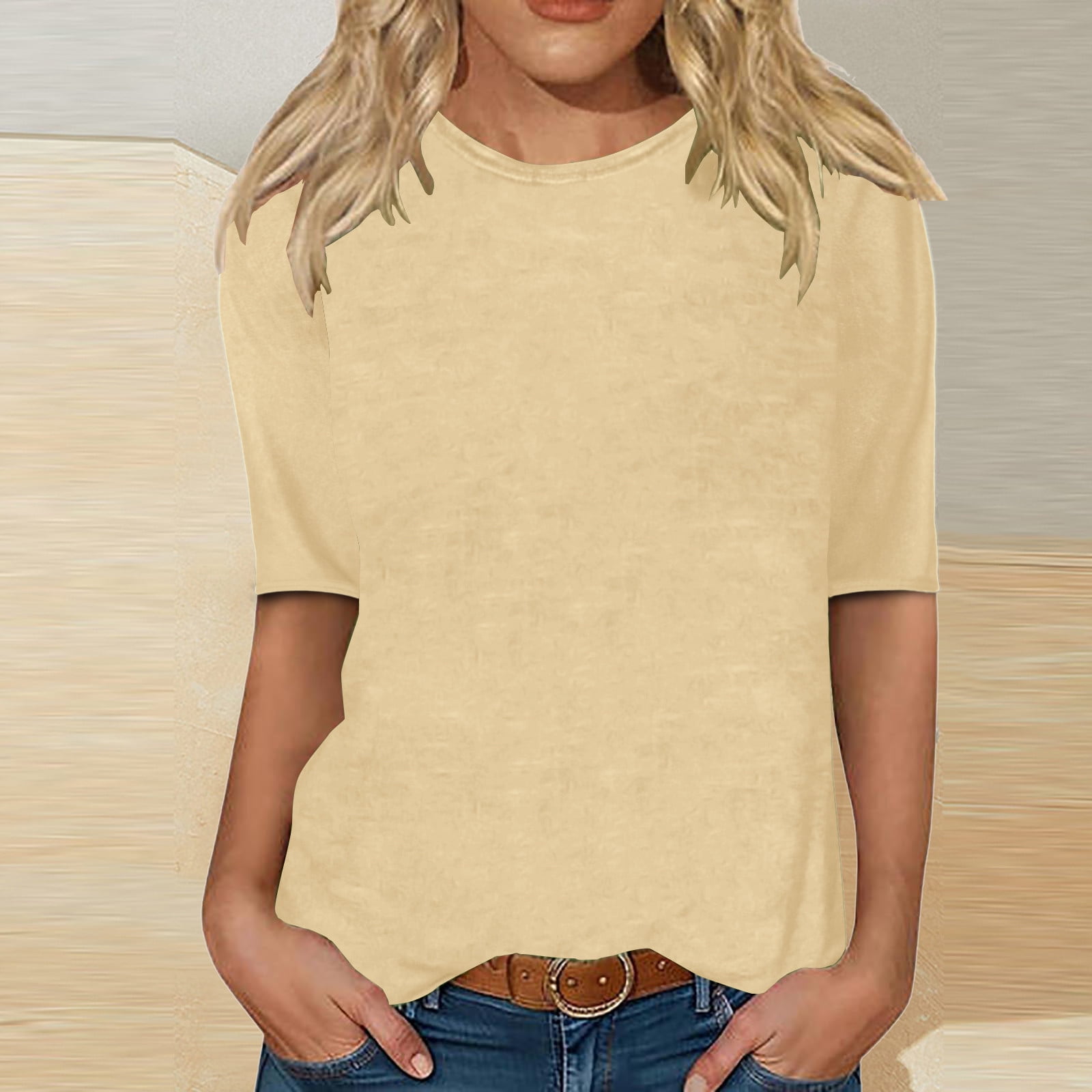 Eiyaclvo Elbow Length Tops for Women 2025 Fall Solid Color Crew Neck T ...