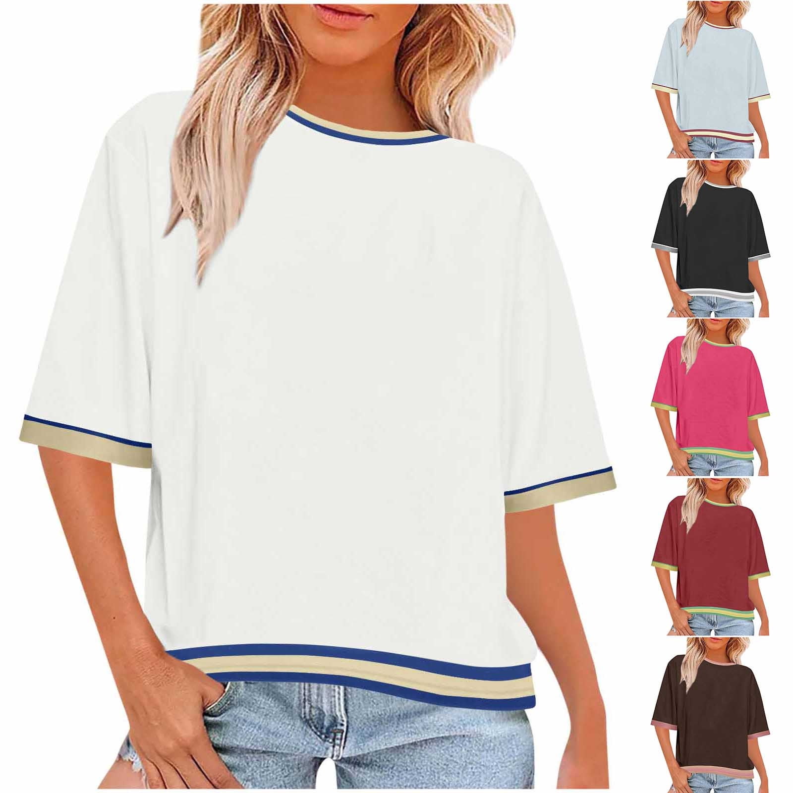 Eiyaclvo Elbow Sleeve Shirts for Women Loose Fit Crew Neck T Shirts ...