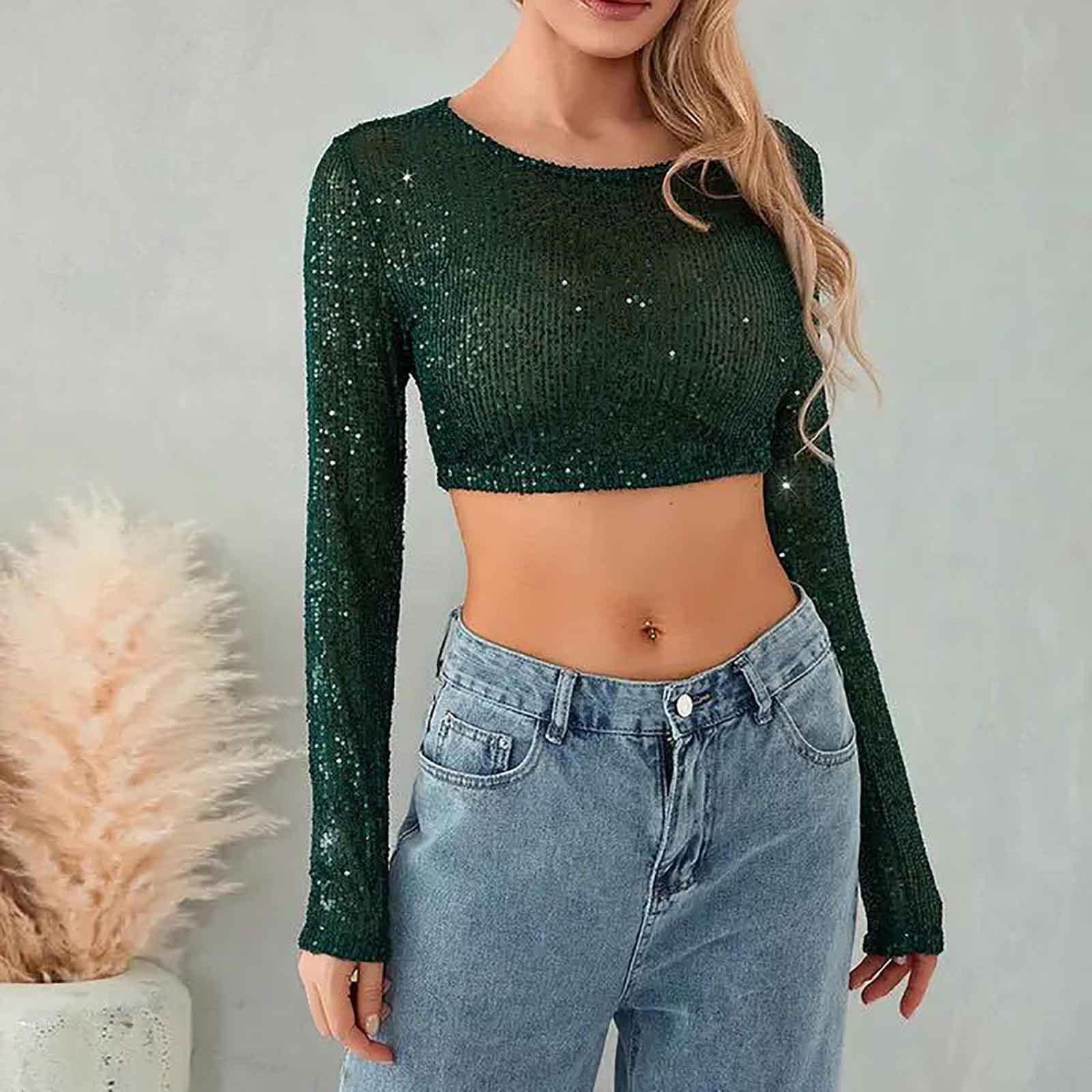 Eiyaclvo Glitter Tops for Women Sequin Crop Top Long Sleeve Crew Neck ...