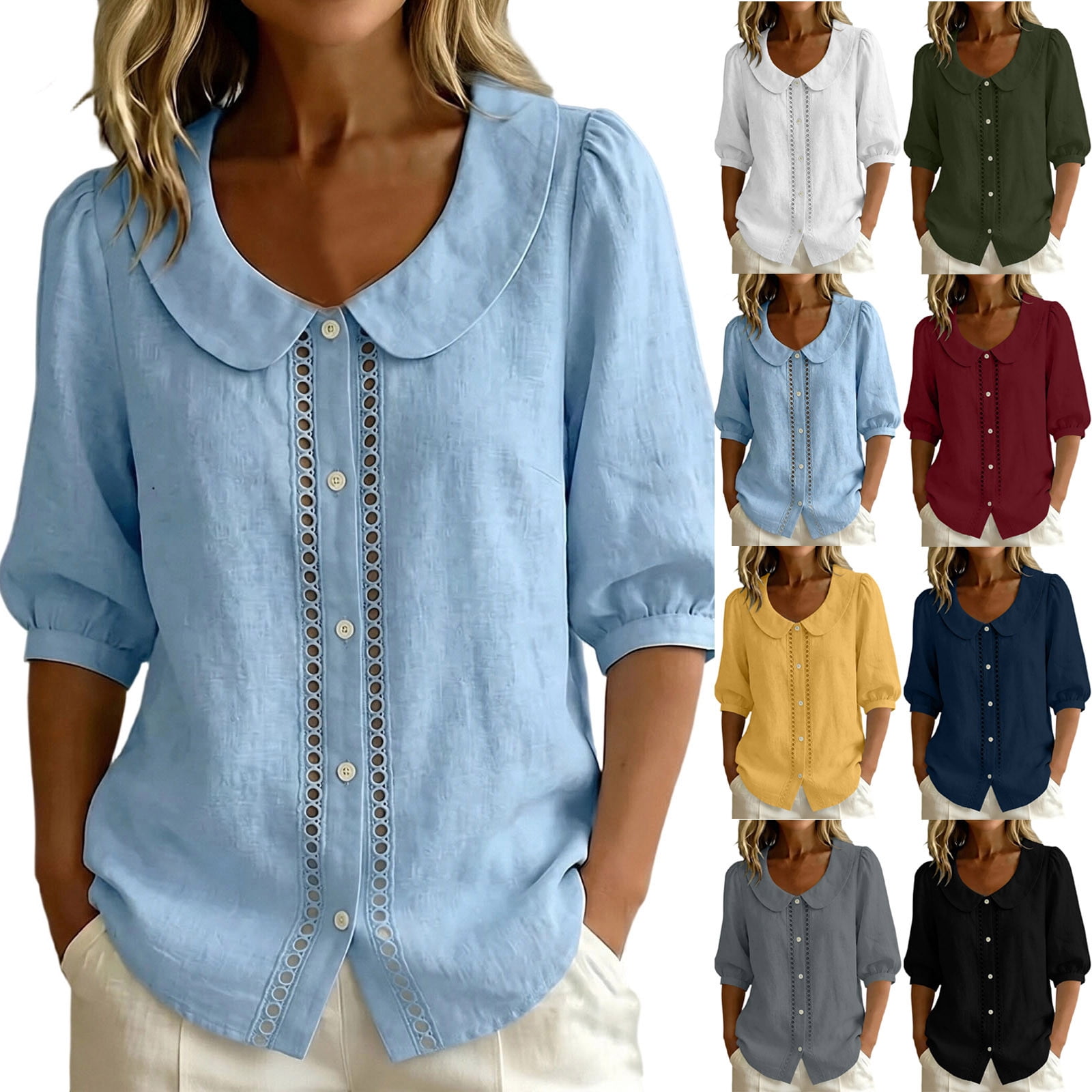 Eiyaclvo Linen Button Down Shirts for Women Collar 3/4 Length Sleeve ...