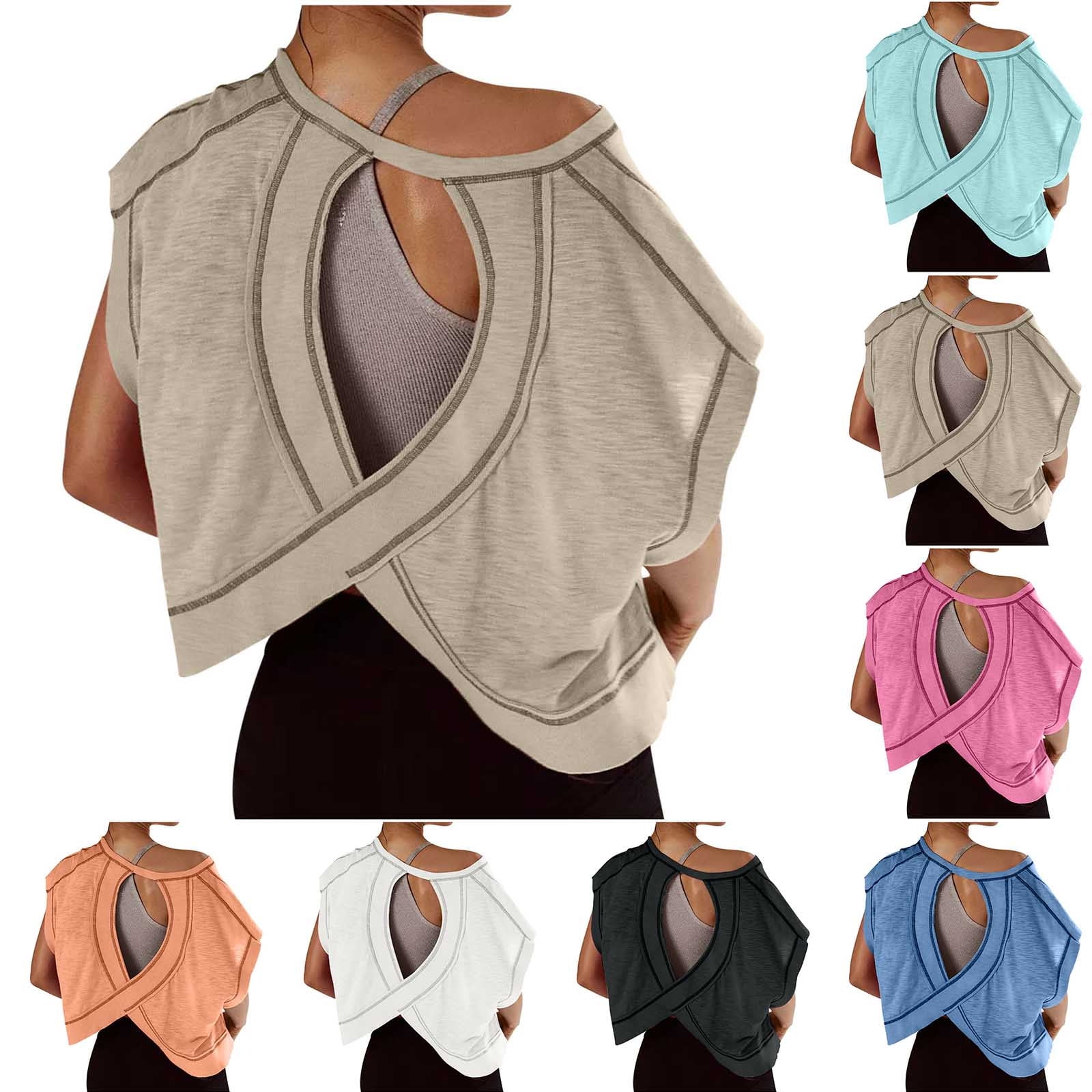 Eiyaclvo Open Back Tops for Women Crew Neck Short Sleeve Summer Shirts ...