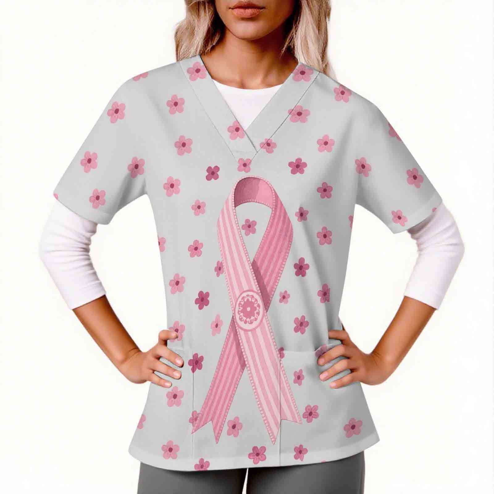 Eiyaclvo Pink Ribbon Scrub Tops for Women Breast Cancer Awareness T ...