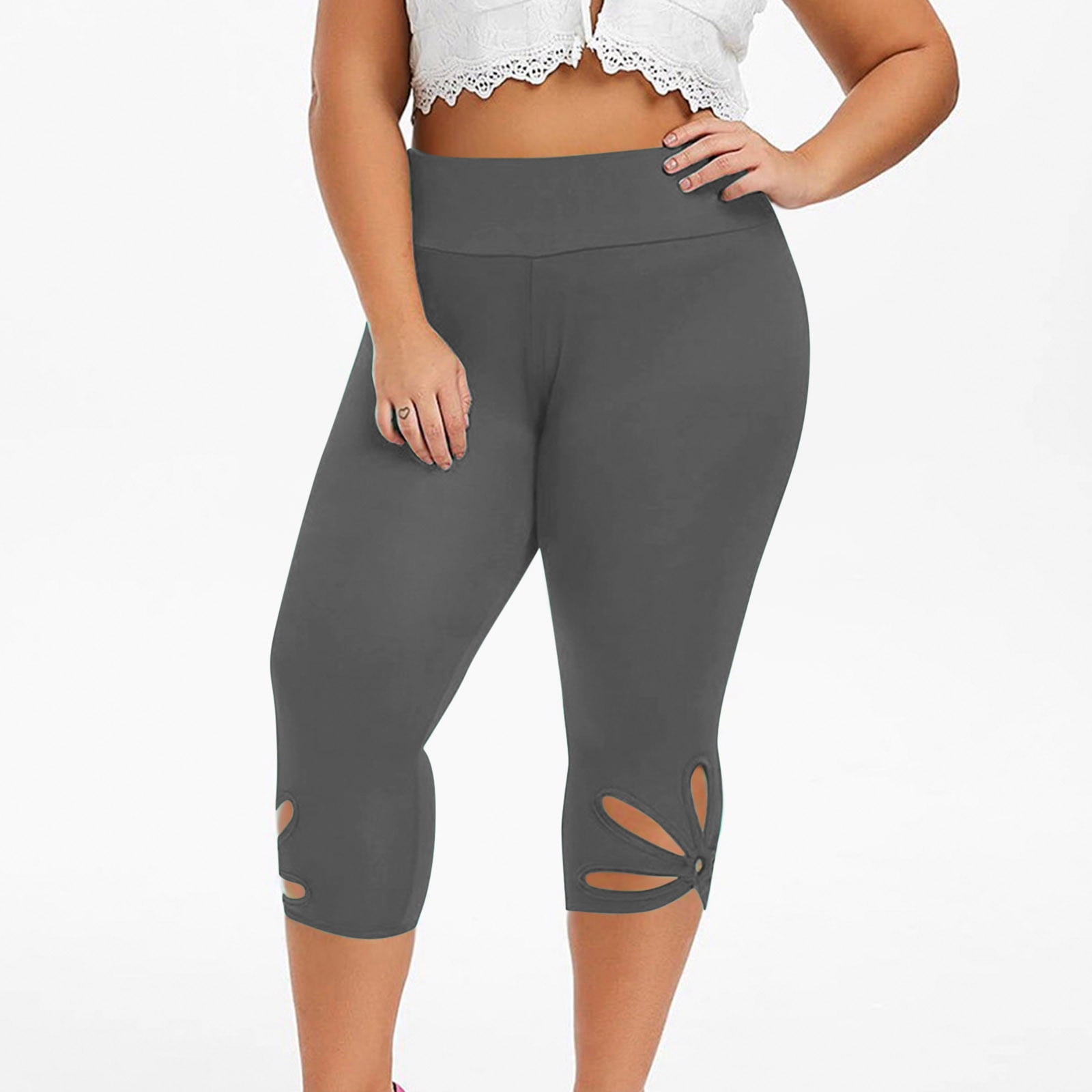 Eiyaclvo Plus Size Capris for Women Butt Lifting Leggings Stretch Yoga Pants Solid Color Cropped ...