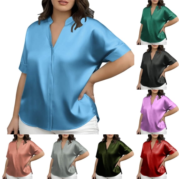 Eiyaclvo Satin Tops for Women Plus Size Short Sleeve V Neck Silk T ...