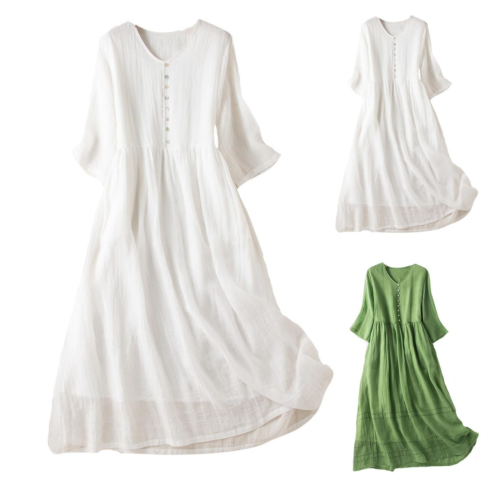 Eiyaclvo Summer Dresses for Women Cotton Linen Maxi Dress Retro 3/4 ...