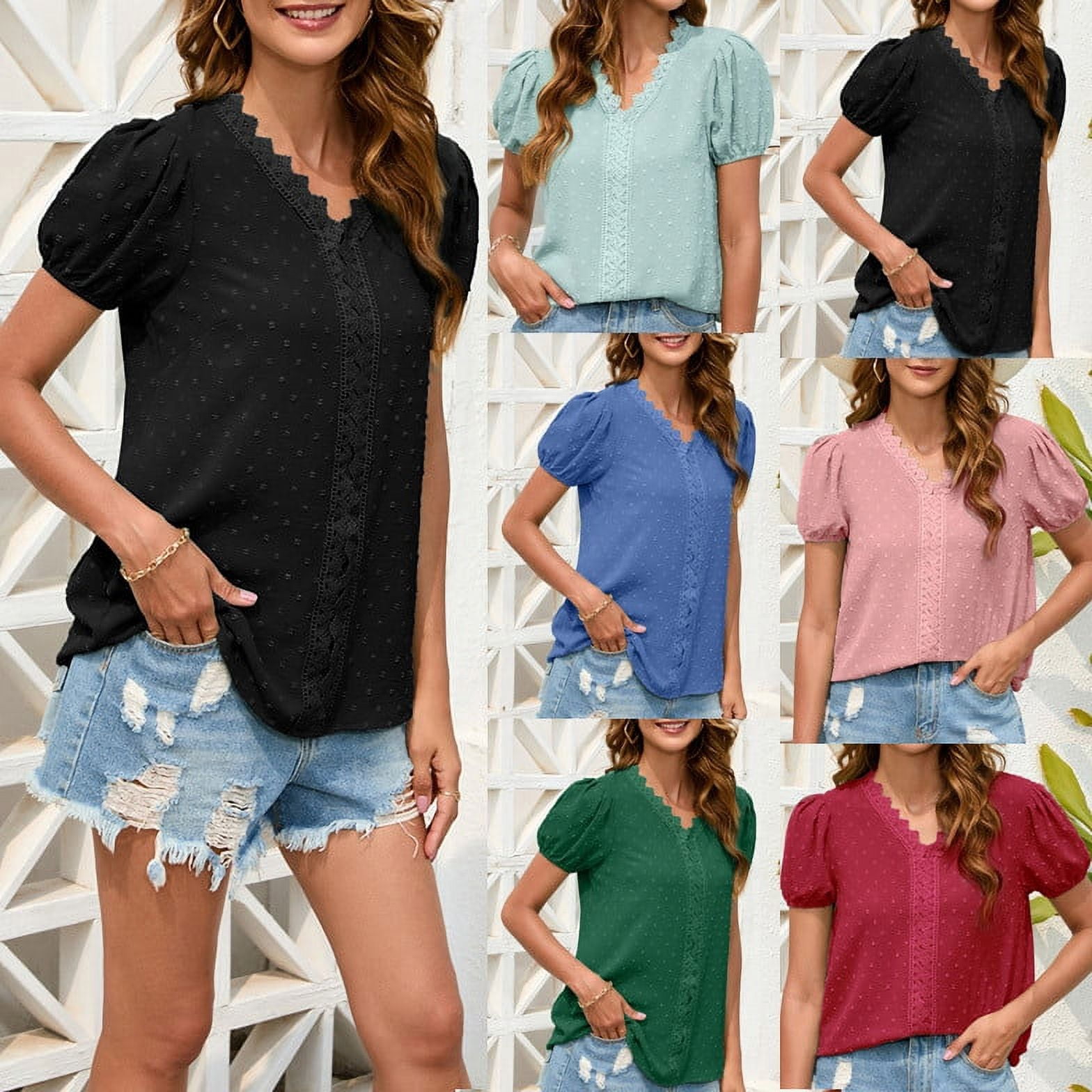 Eiyaclvo Summer Tops for Women Puff Short Sleeve V Neck Blouses Trendy ...