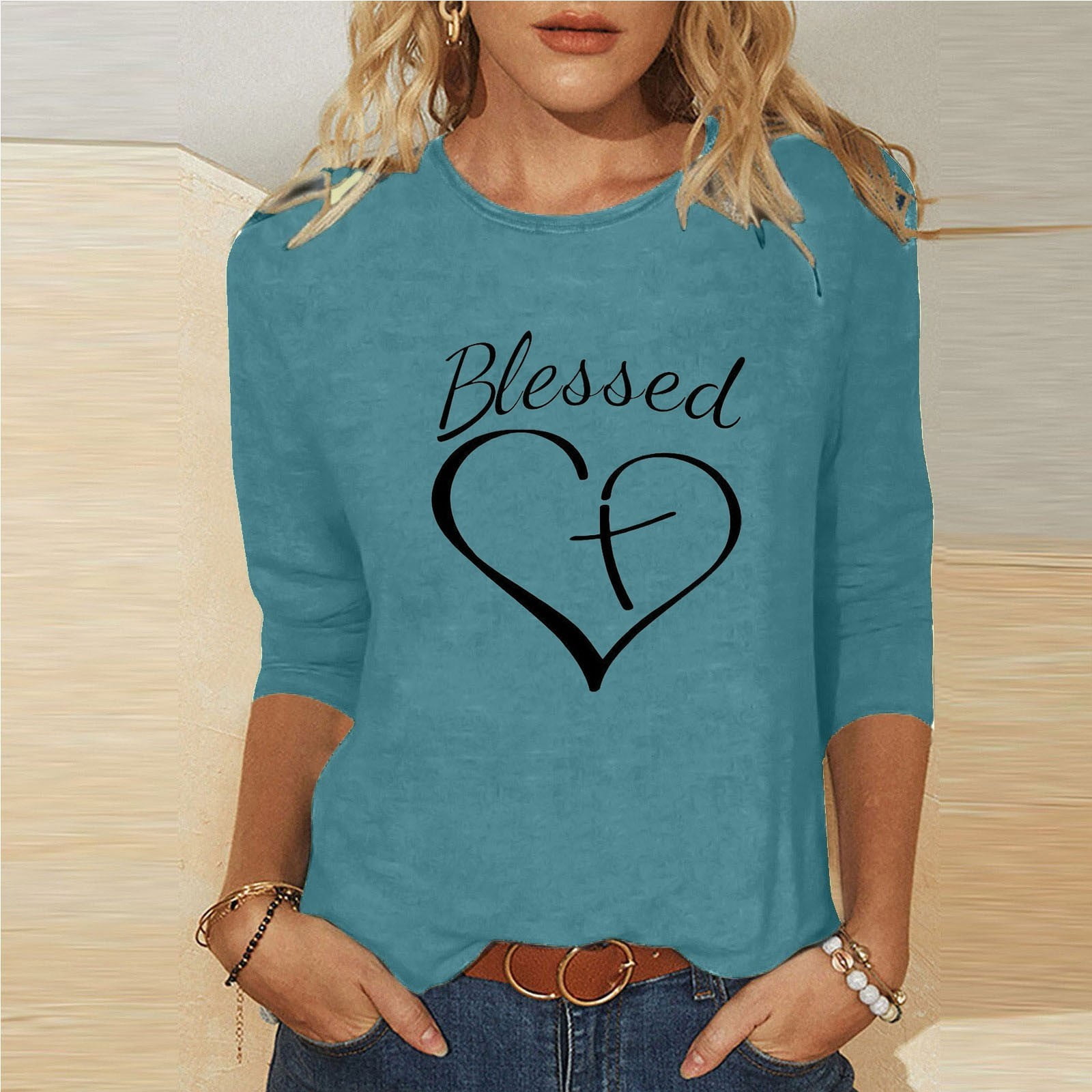 Eiyaclvo Valentines Day 3/4 Sleeve Shirts for Women Love Heart Blessed Print T Shirts Romantic ...