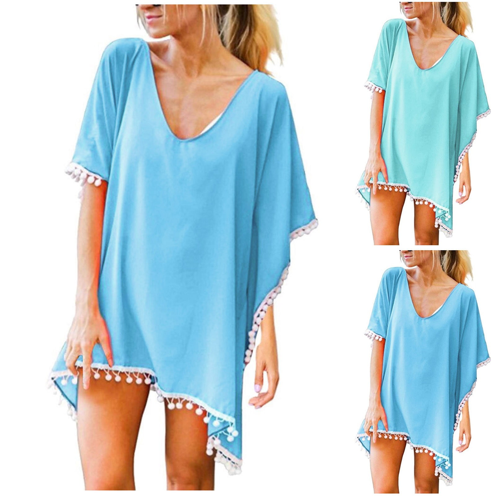 Eiyaclvo Women Chiffon Tassel Swimsuit Cover Up Beach Coverups for Swimwear Summer V Neck Bikini ...