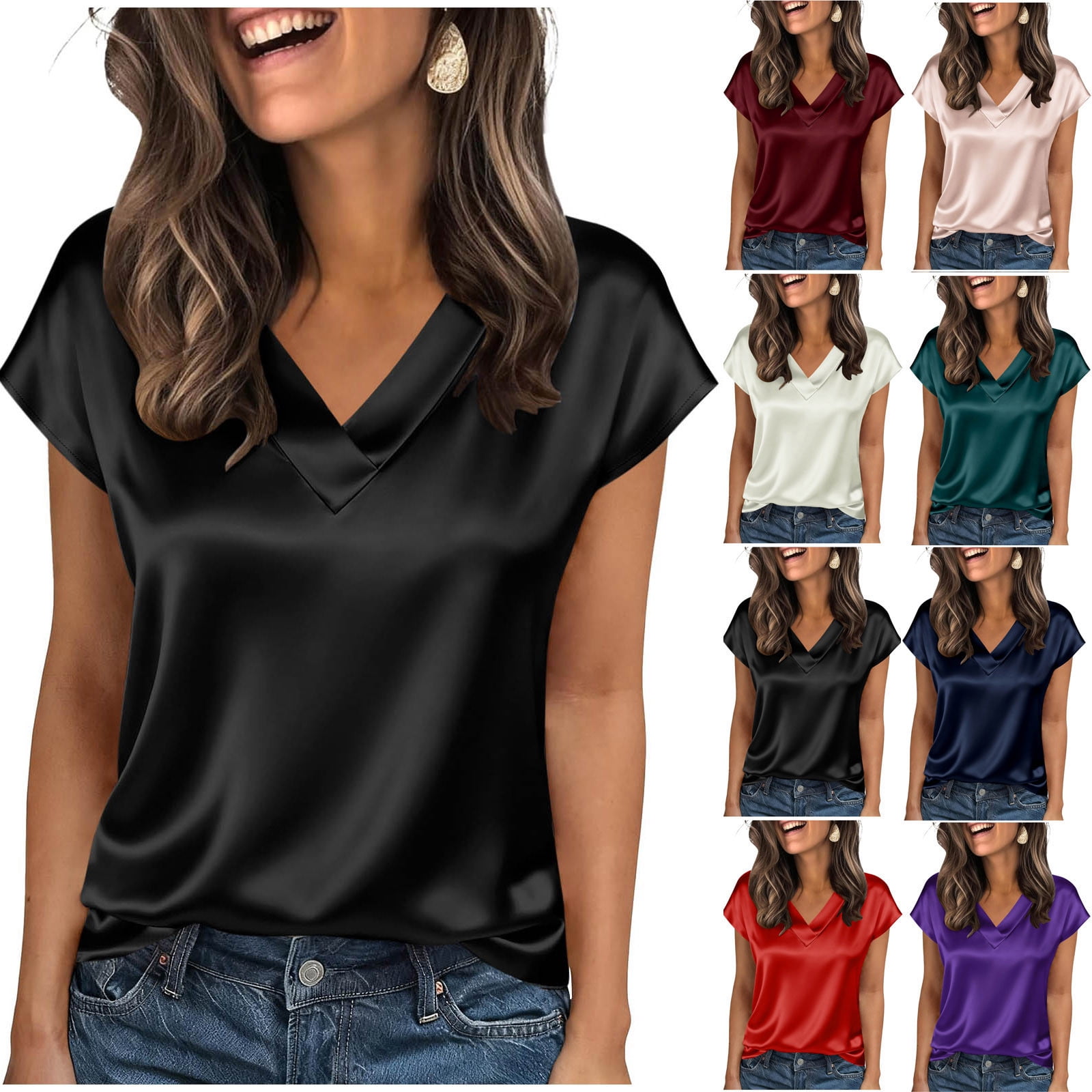 Eiyaclvo Women Silk Satin Tops Short Sleeve V Neck Shirts Summer ...