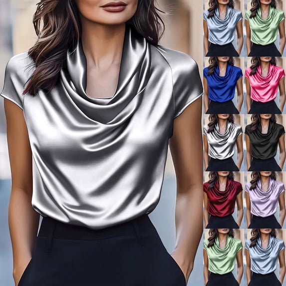 Eiyaclvo Women's Cowl Neck Satin Shirt Ruched Cap Sleeve Silk Blouses ...