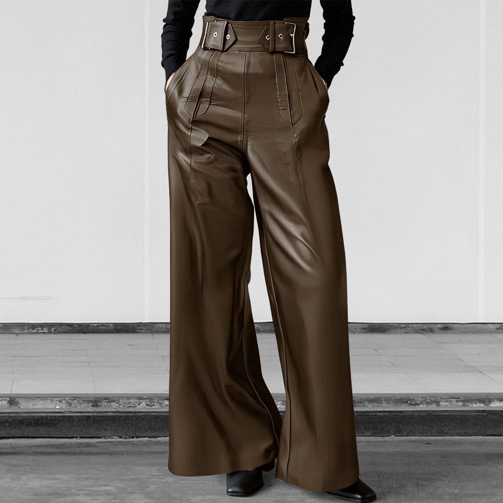 Eiyaclvo Women's Faux Leather Pants PU High Waist Wide Leg Pants Baggy ...