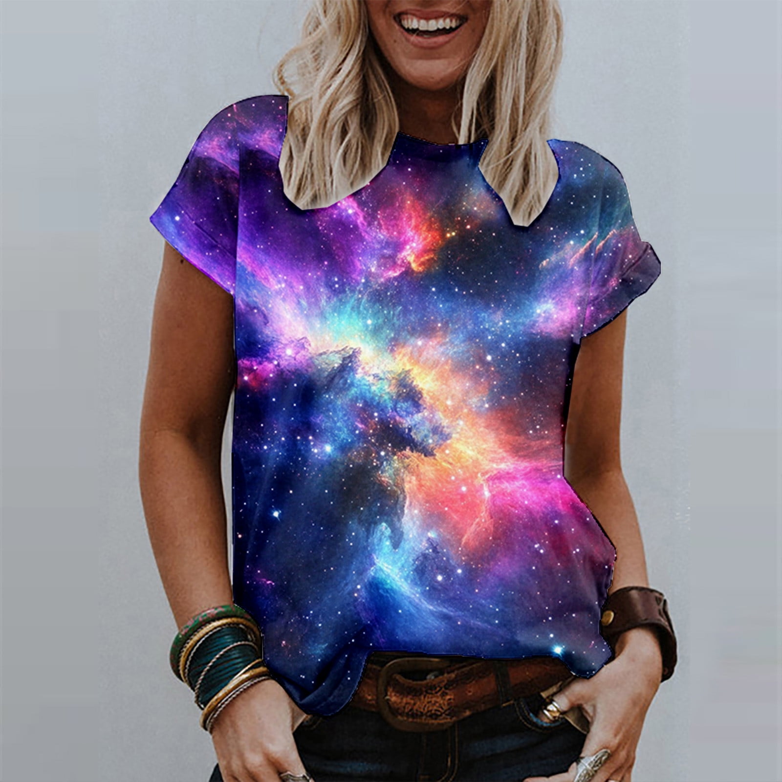 Eiyaclvo Women's Short Sleeve Shirts Trendy Colorful Glitter Sparkly ...