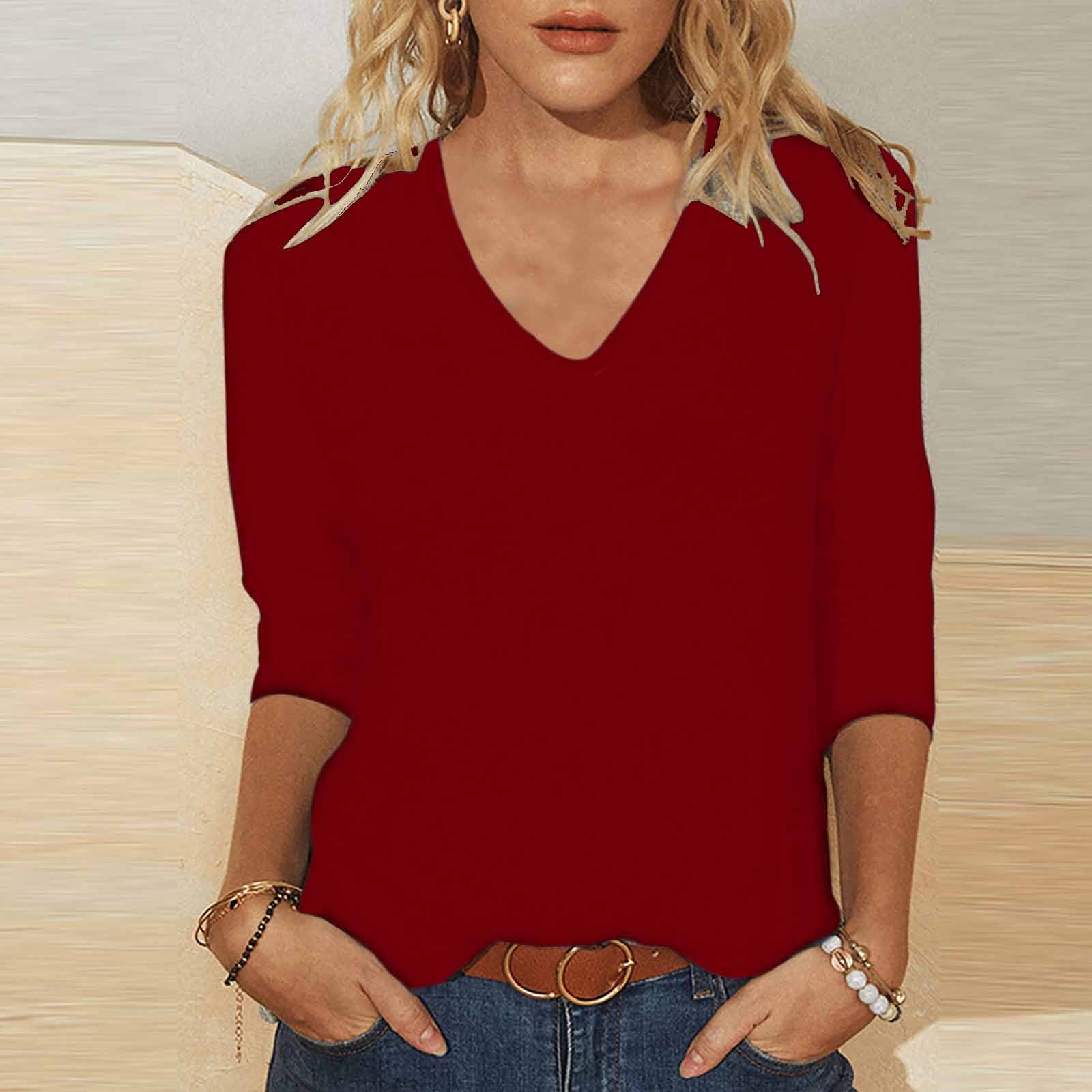Eiyaclvo Womens 3/4 Sleeve T Shirts Solid Color Tops Trendy V Neck Tee ...