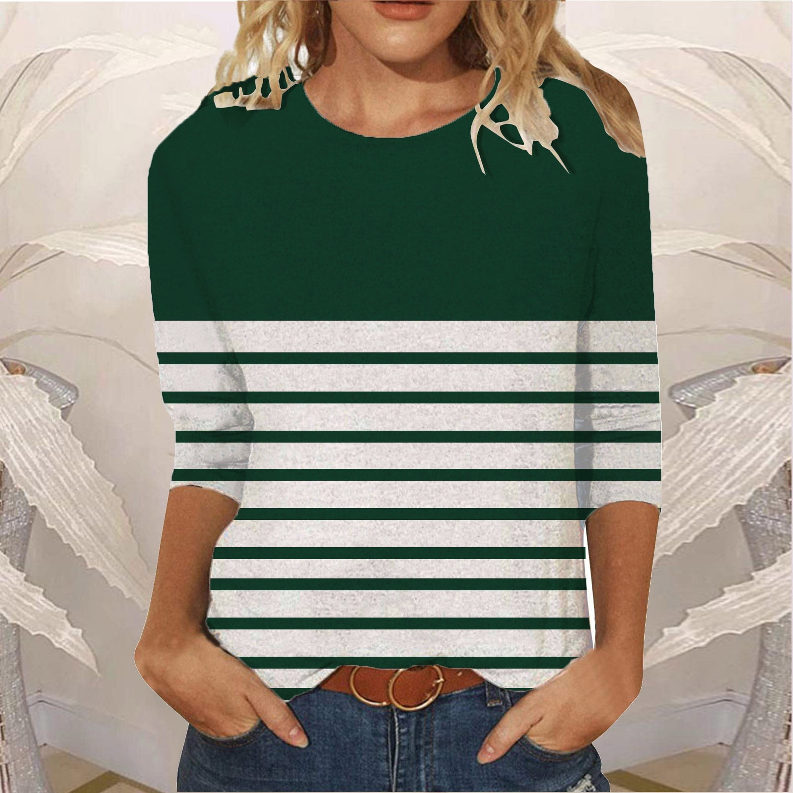 Eiyaclvo Womens 3/4 Sleeve Tops Fall 2024 Trendy Crew Neck Striped Tee ...