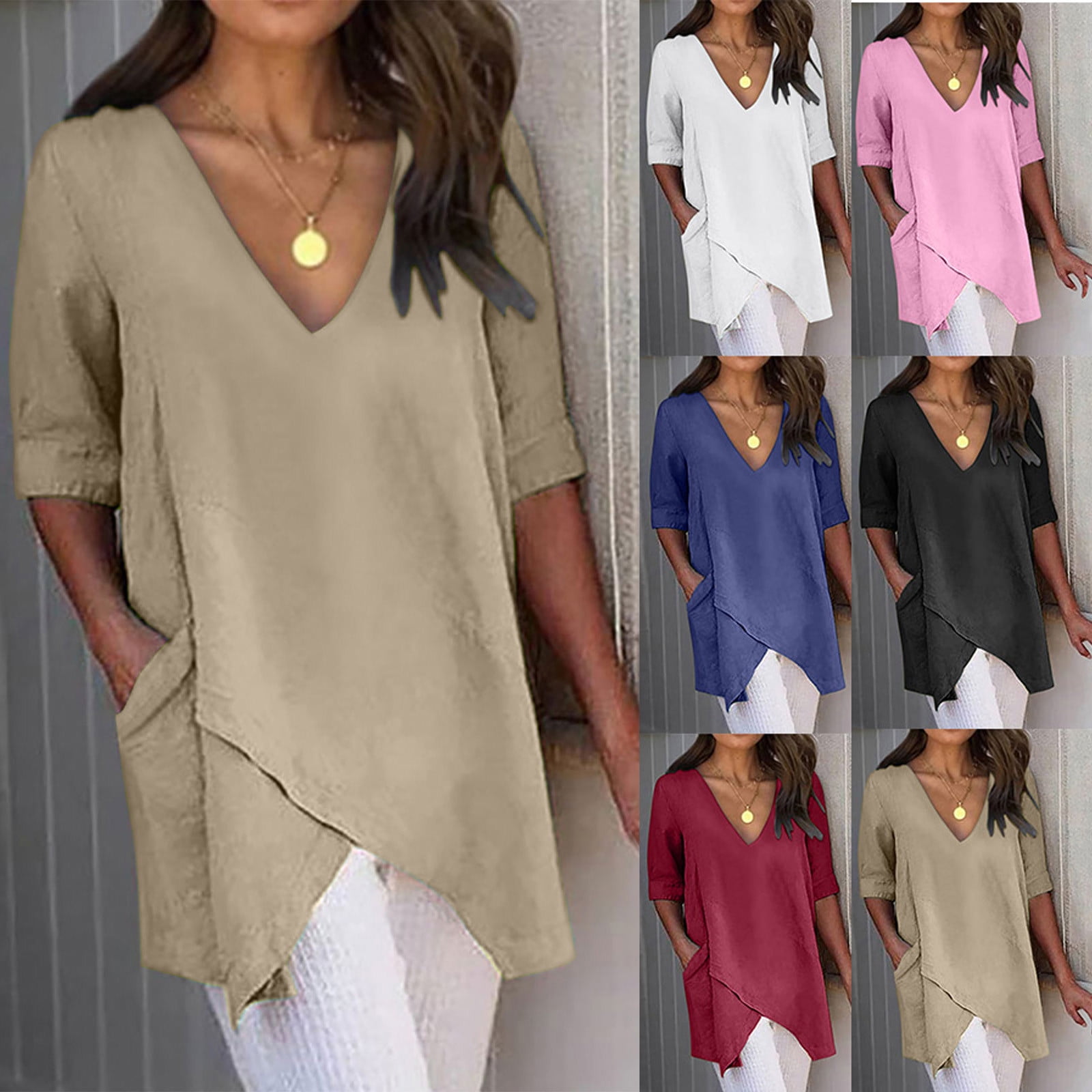 Eiyaclvo Womens Asymmetrical Hem Tunic Tops Summer Cotton Linen Shirt ...