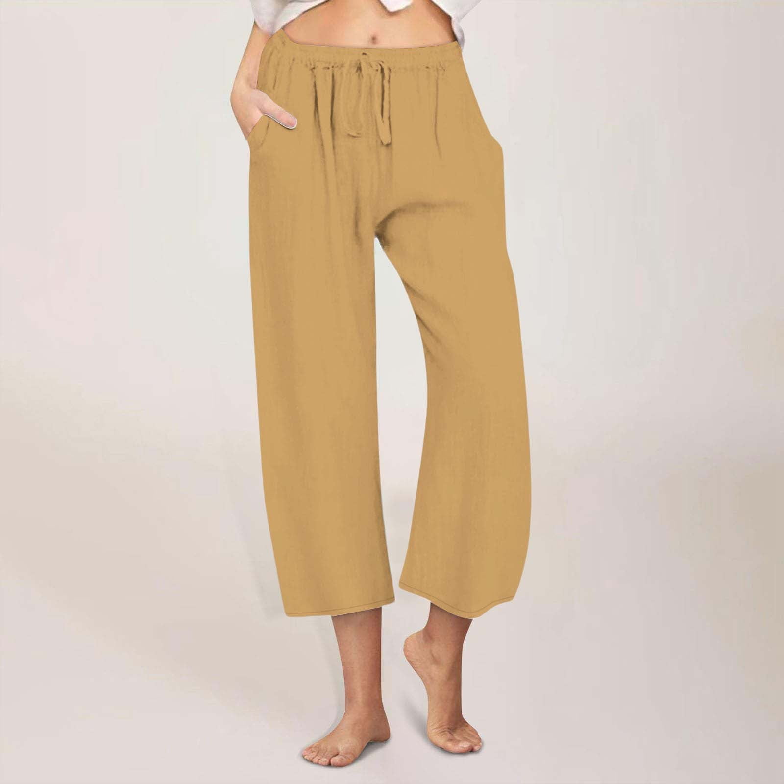 Eiyaclvo Womens Linen Capri Pants Easter Waisted Wide Leg Lounge Pants ...