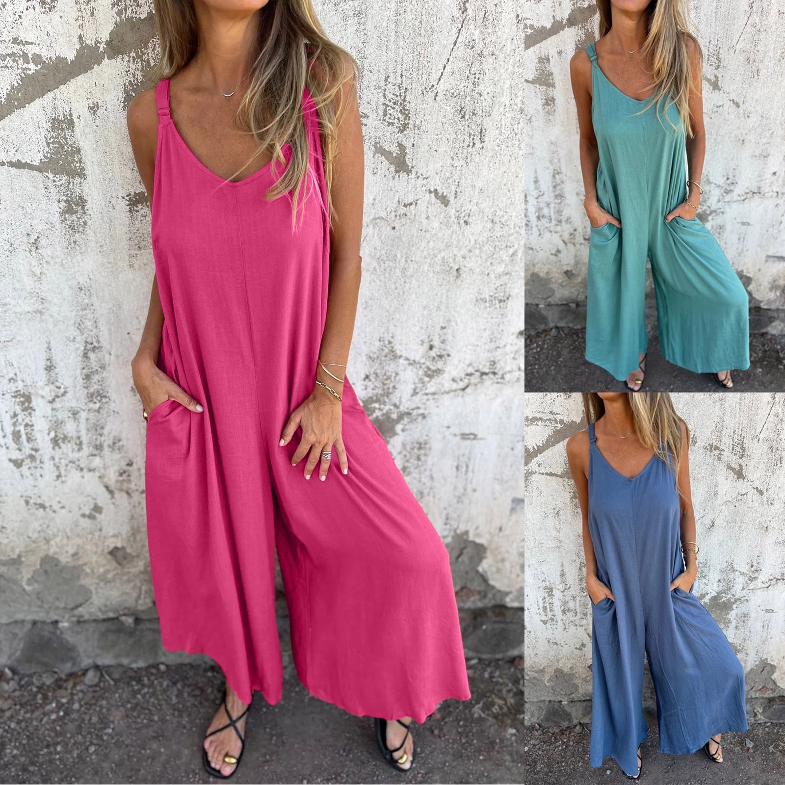 Eiyaclvo Womens Linen Overalls Sleeveless V Neck Adjustable Strap Wide ...