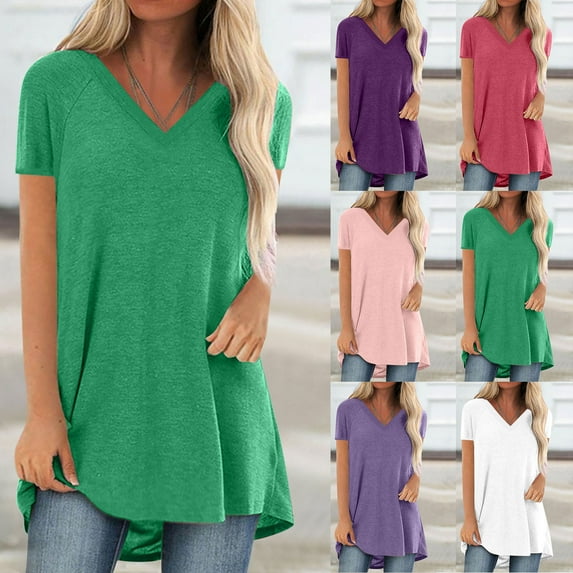 Eiyaclvo Womens Long Tunic Tops Loose Fit Short Sleeve T Shirt to Wear ...