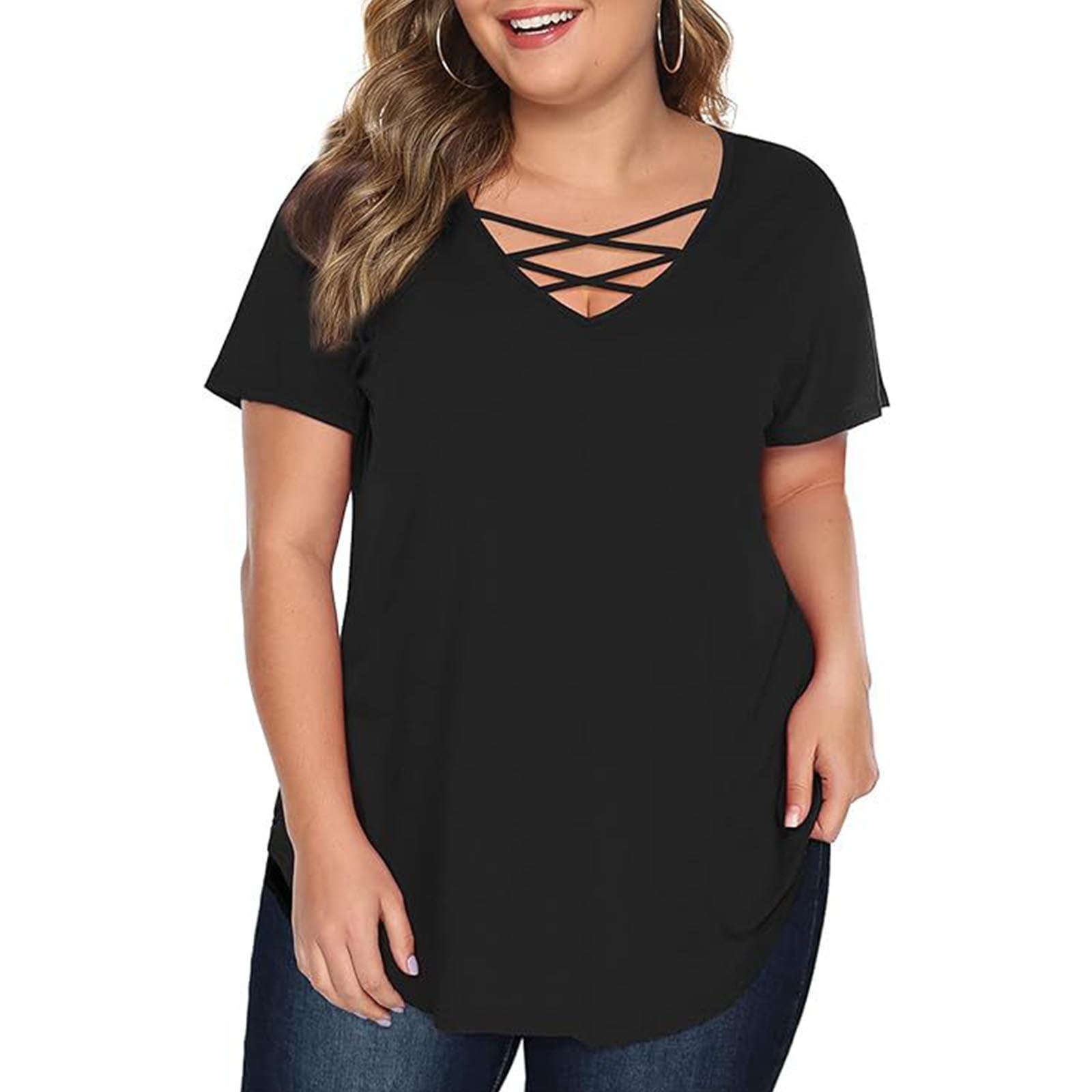 Eiyaclvo Womens Plus Size T Shirts Trendy Criss Cross V Neck Tees Solid ...