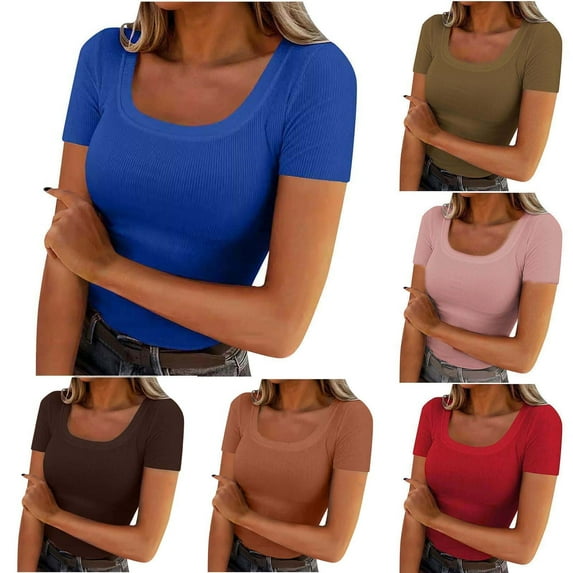 Eiyaclvo Womens Short Sleeve Shirts Scoop Neck Ribbed Knit T-Shirts ...