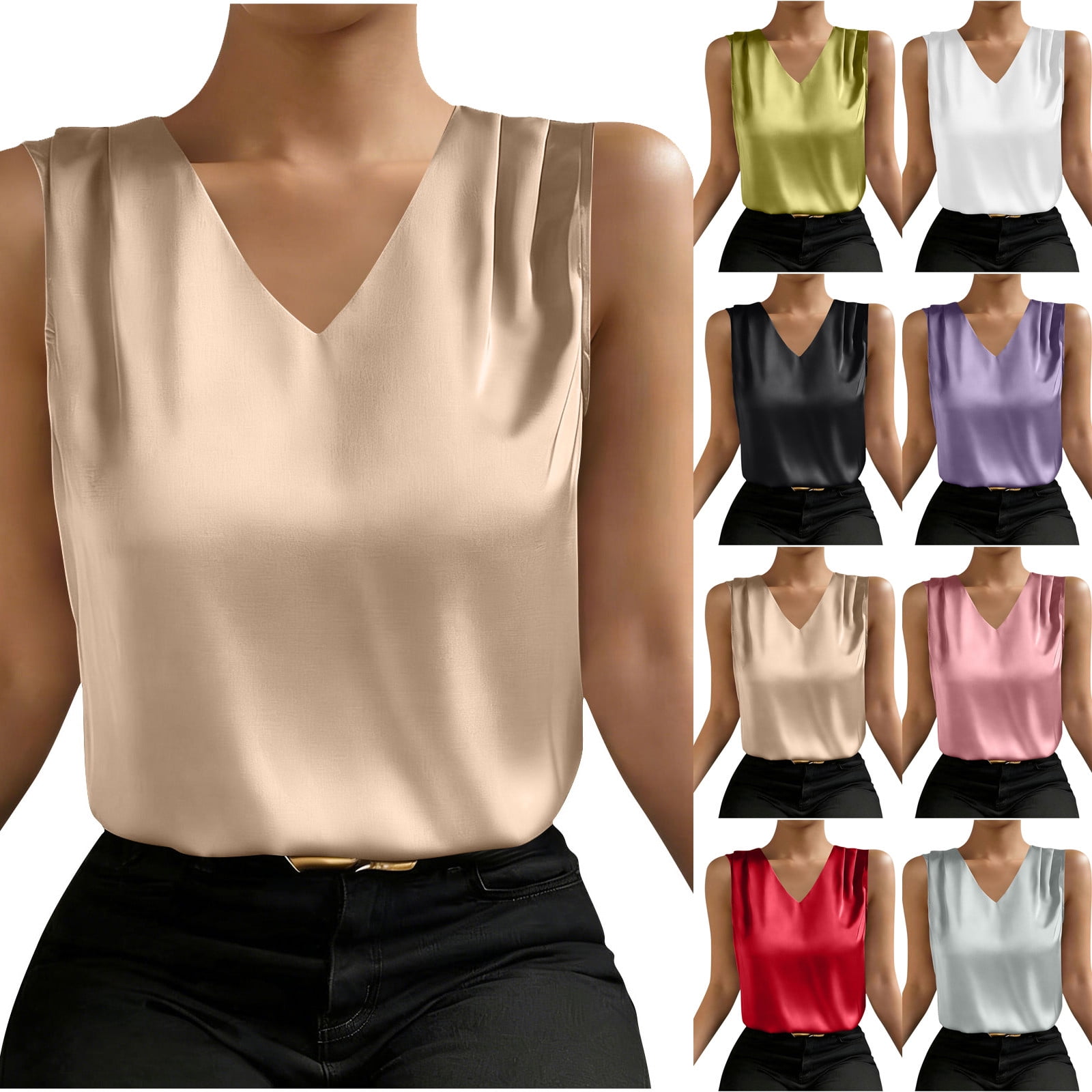 Eiyaclvo Womens Silk Satin Tank Tops V Neck Sleeveless Blouses Ladies ...