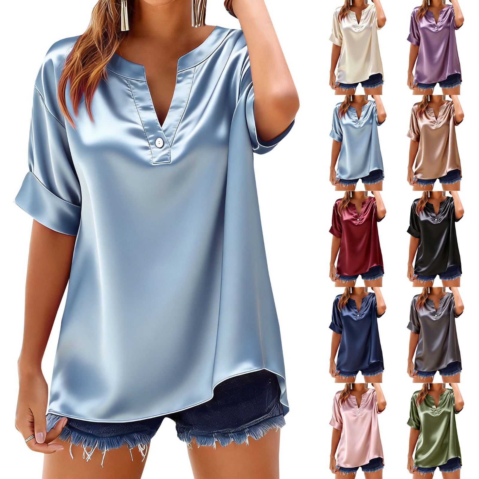 Eiyaclvo Womens Silk Satin Tops Short Sleeve Notch V Neck Button Blouse ...