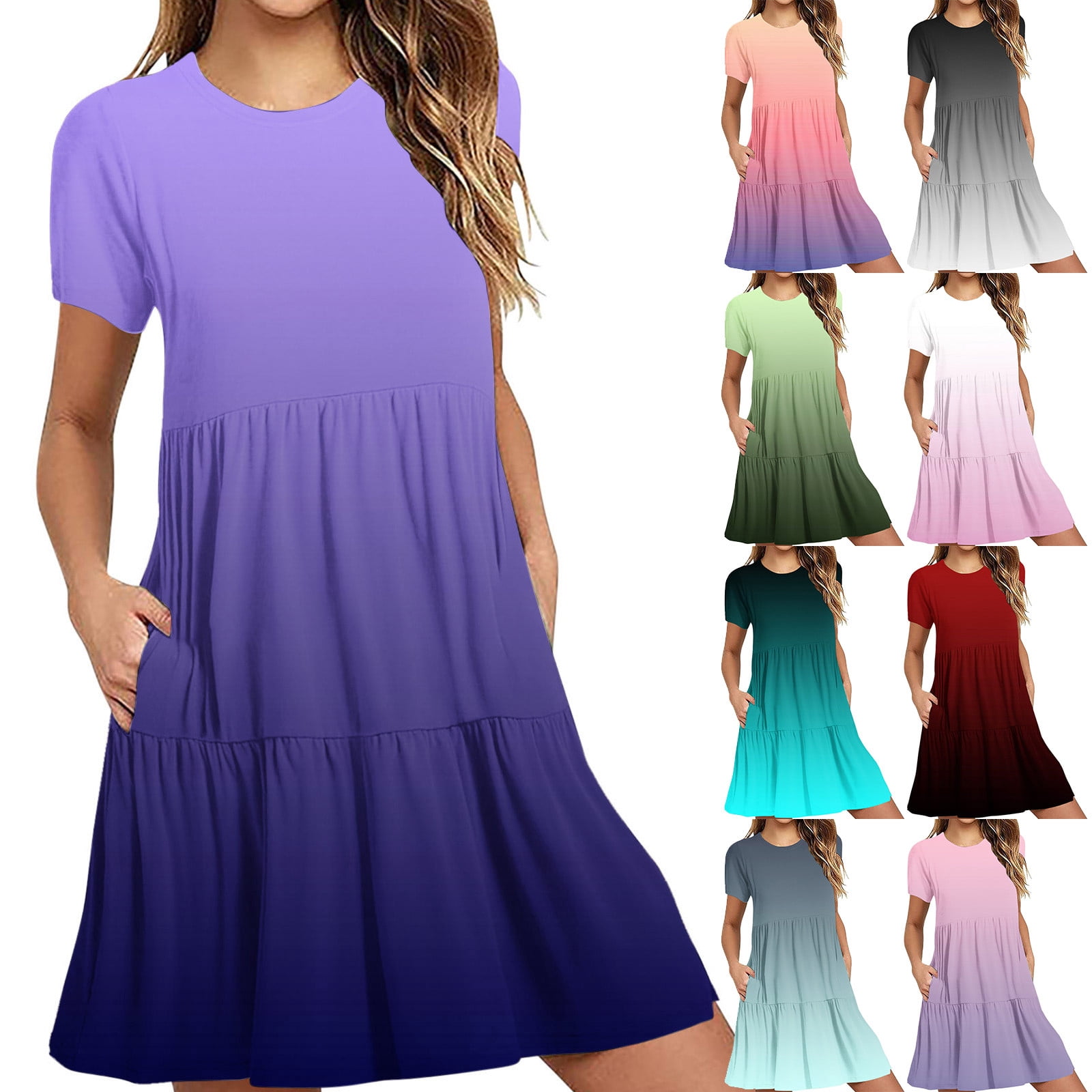 Eiyaclvo Womens Summer Dresses Gradient Print Short Sleeve Crew Neck ...