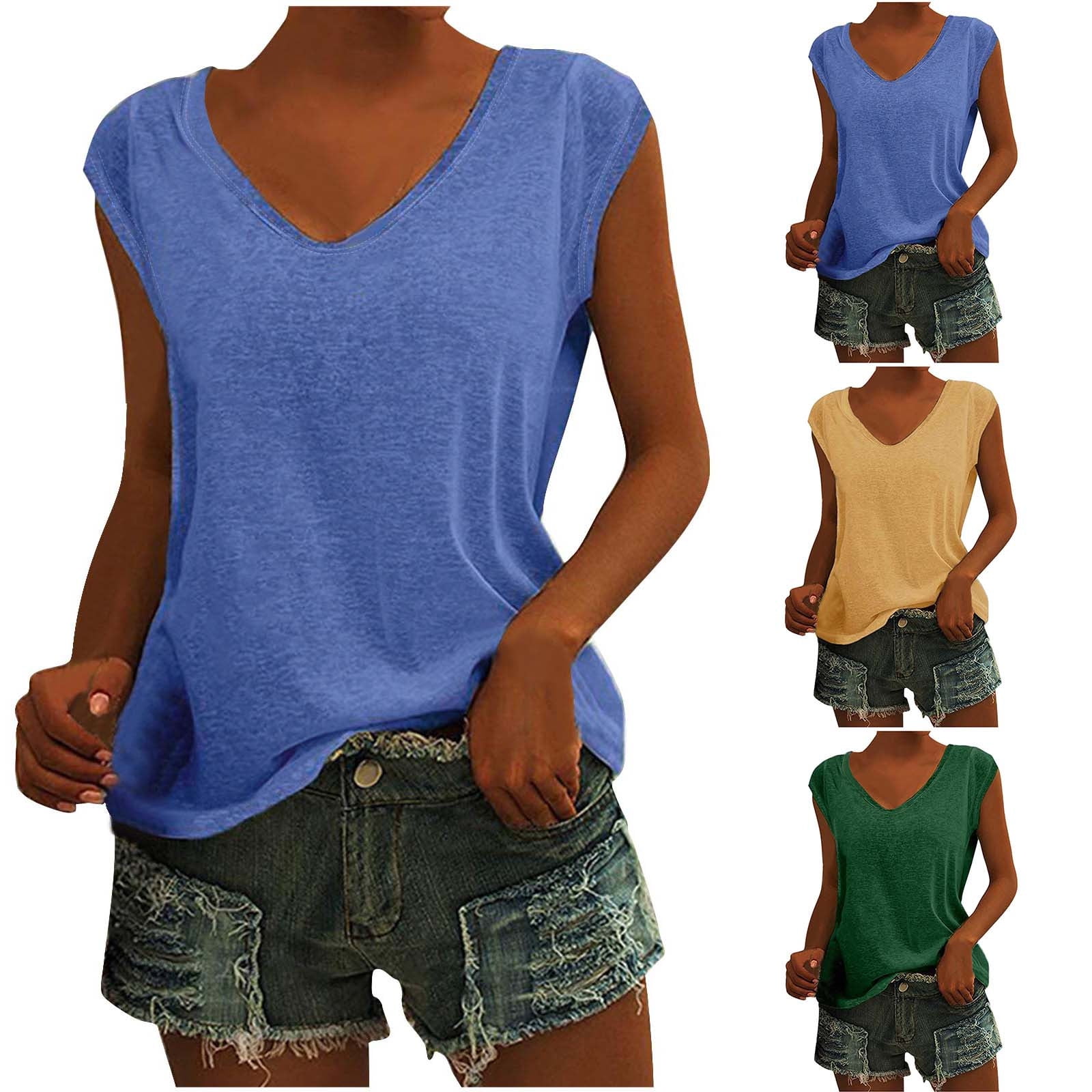 Eiyaclvo Womens Summer Tops Cap Sleeve V Neck Shirts Loose Fit Basic ...