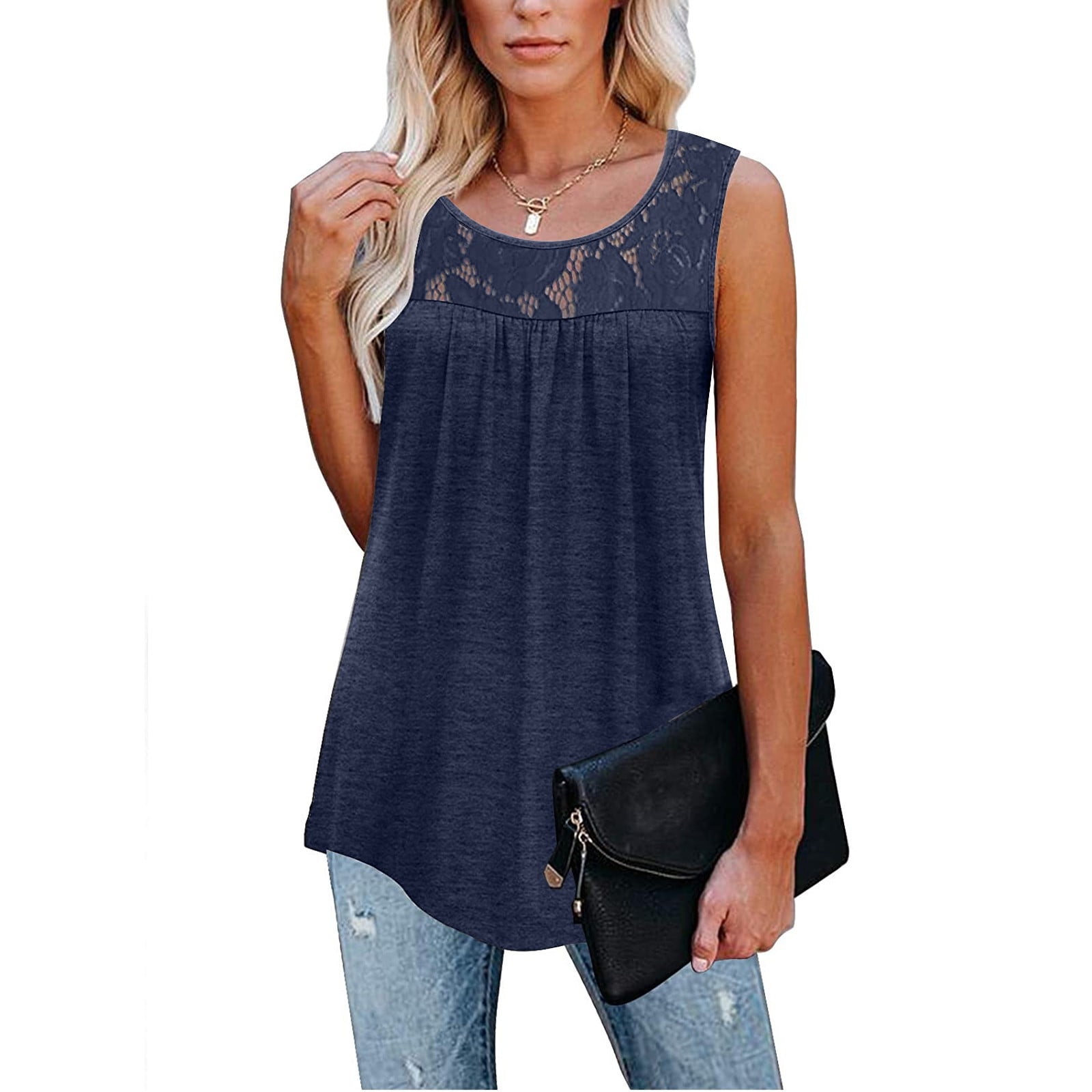 Eiyaclvo Womens Tank Tops 2025 Lace Patchwork Crew Neck Sleeveless Tops ...