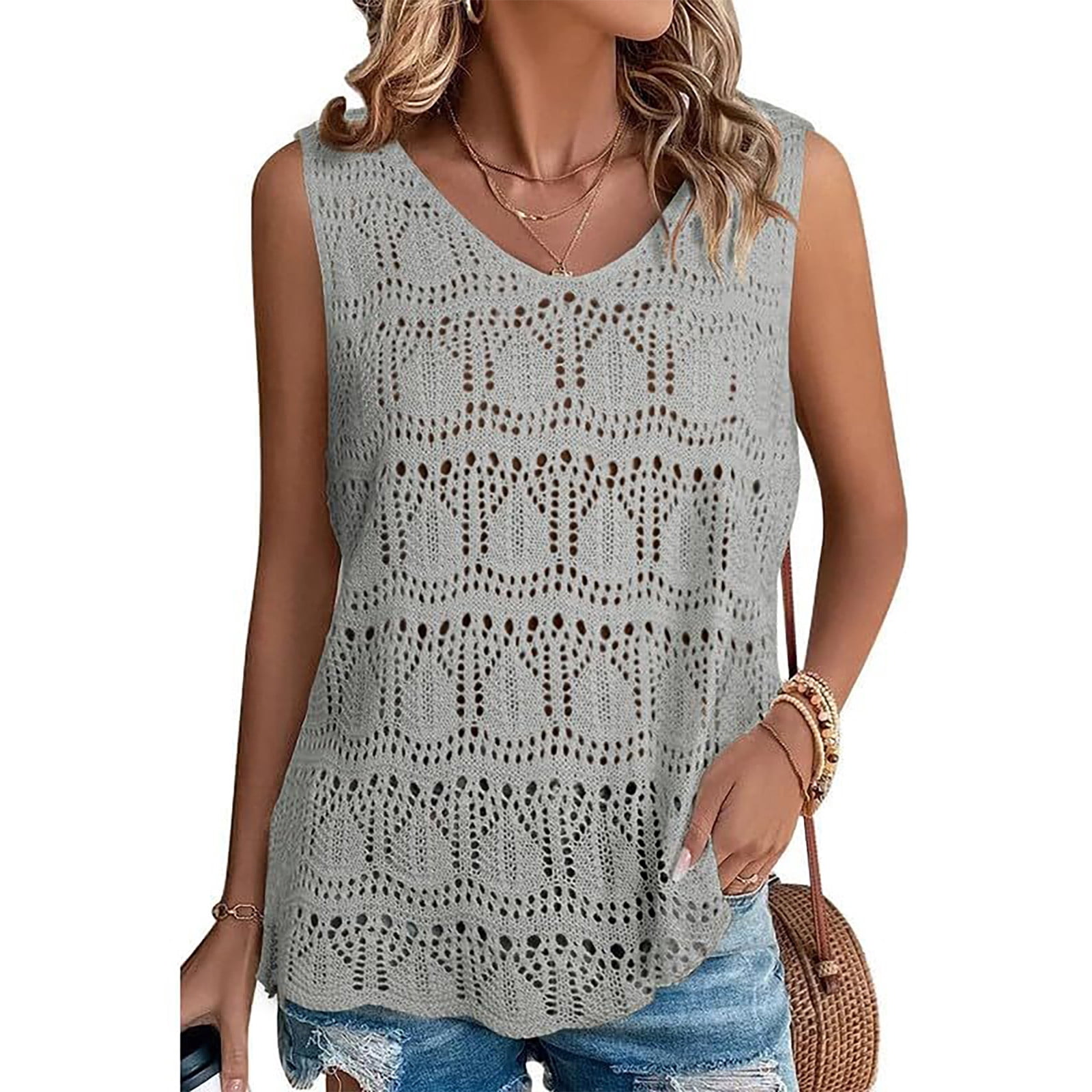 Eiyaclvo Womens Tank Tops Trendy Hollow Out Loose Fit Flowy Tank Tops ...