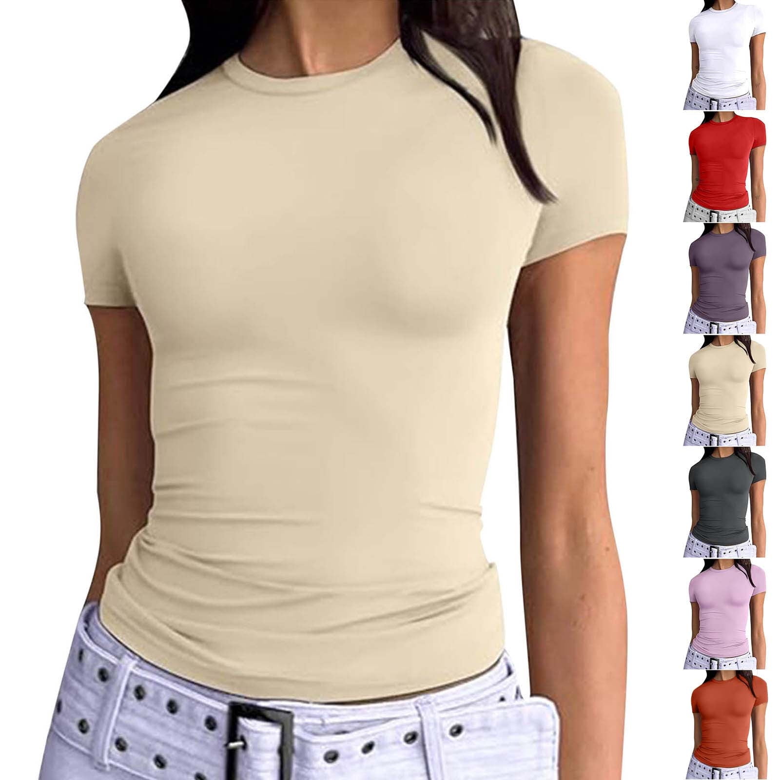 Eiyaclvo Womens Tops Short Sleeve High Neck Undershirt Slim Fitted ...