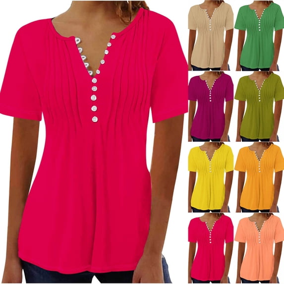 Eiyaclvo Womens Tunic Tops Short Sleeve V Neck Button Shirts Summer ...