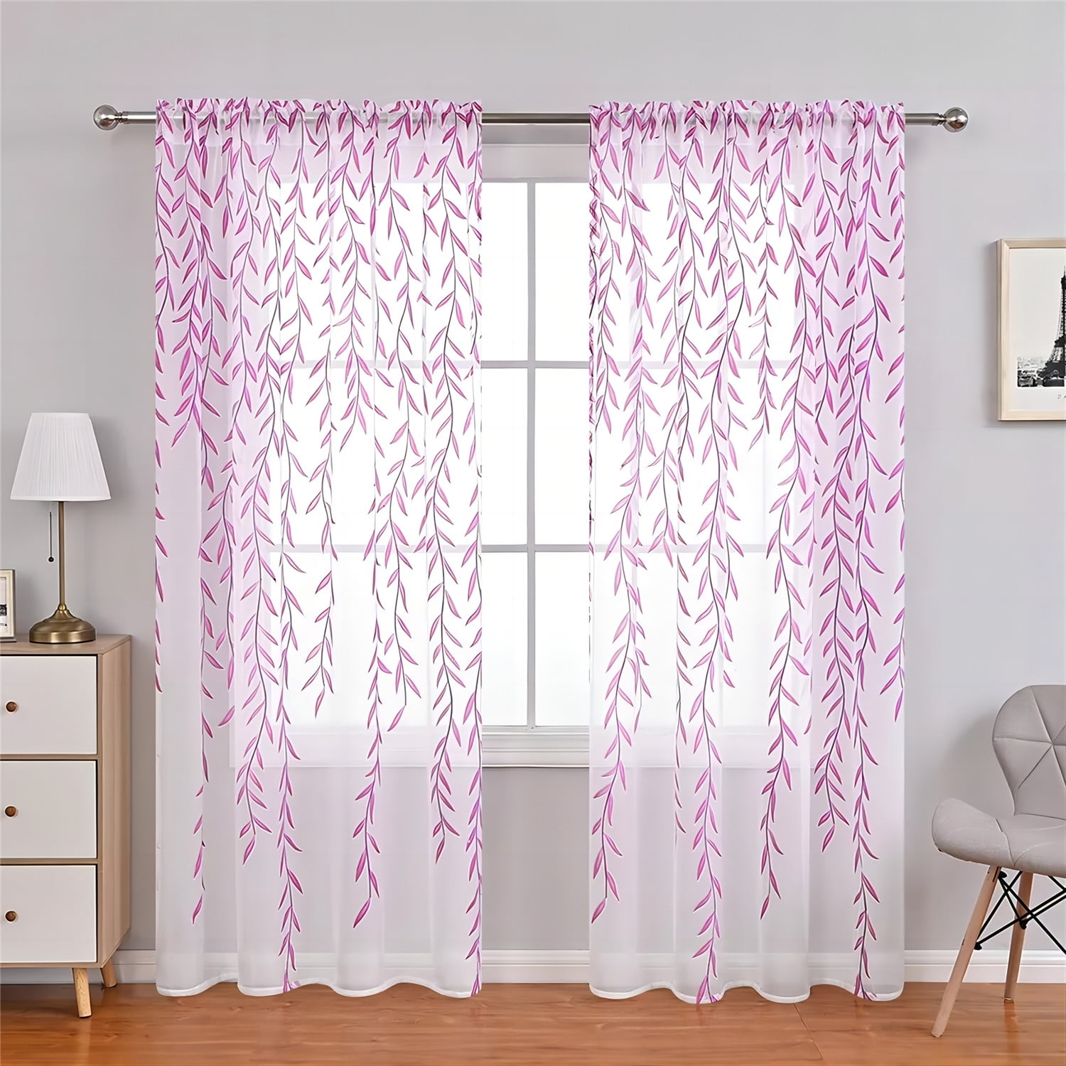 Ejiaya 2 Pieces Willow Window Curtain Voile Tulle Room Salix Leaf Sheer ...
