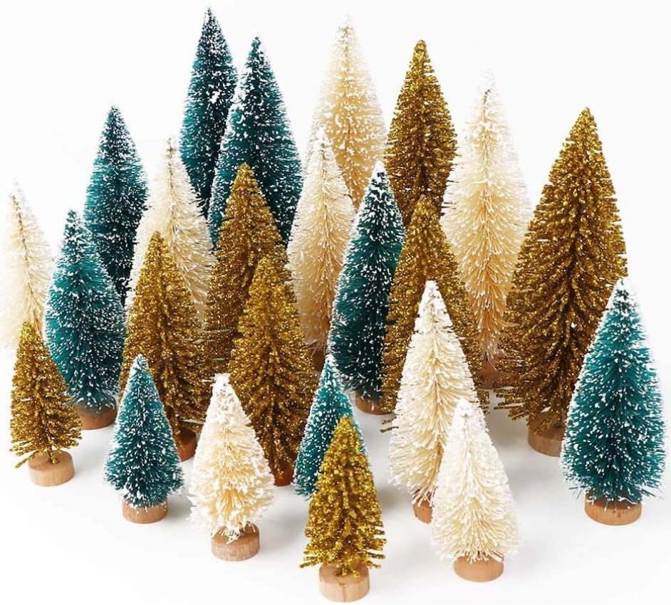 Ejiaya 24PCS Mini Bottle Brush Christmas Trees With Wood Base, Small ...