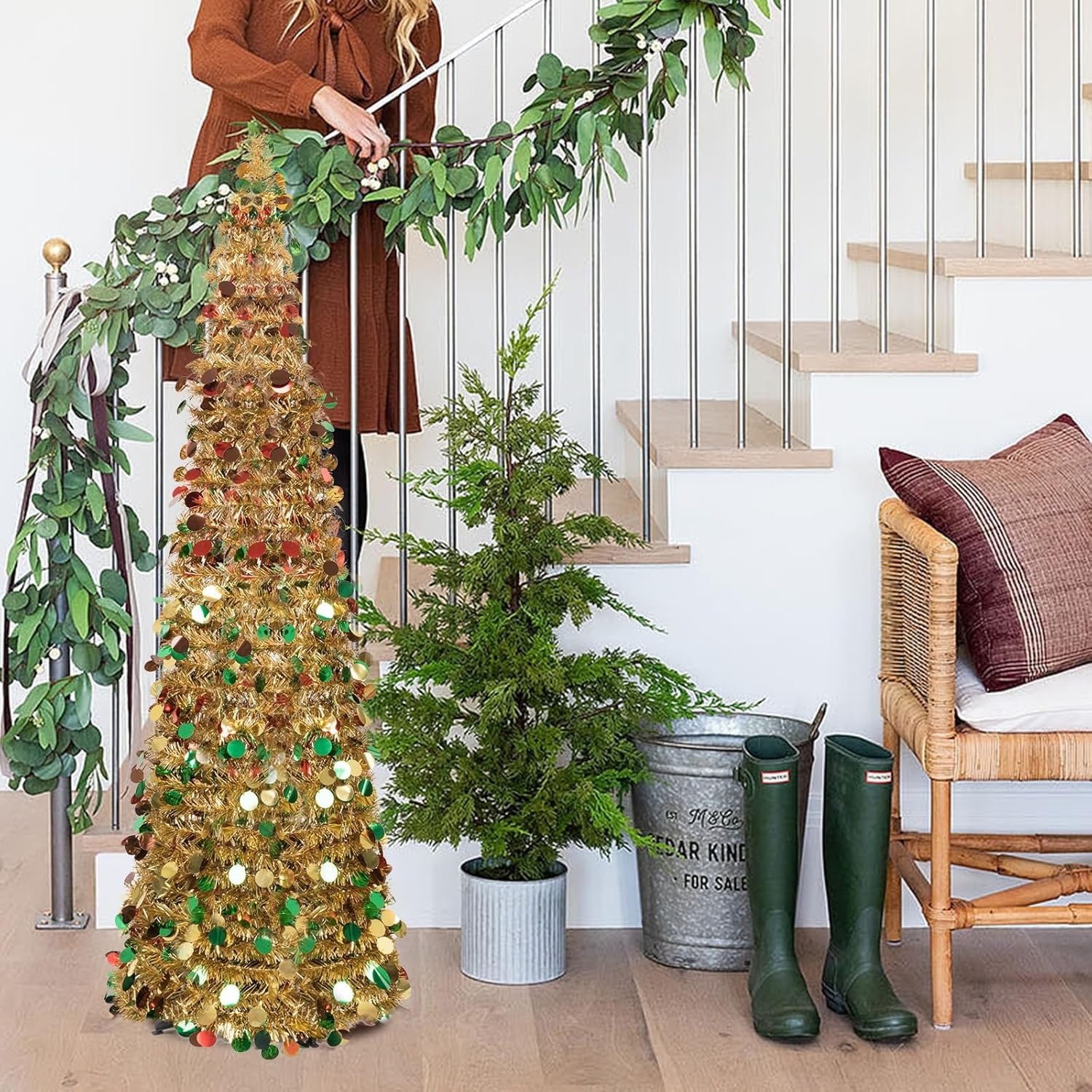 Ejiaya Christmas Tree, 5ft Collapsible Pop Up Gold Colored Tinsel ...
