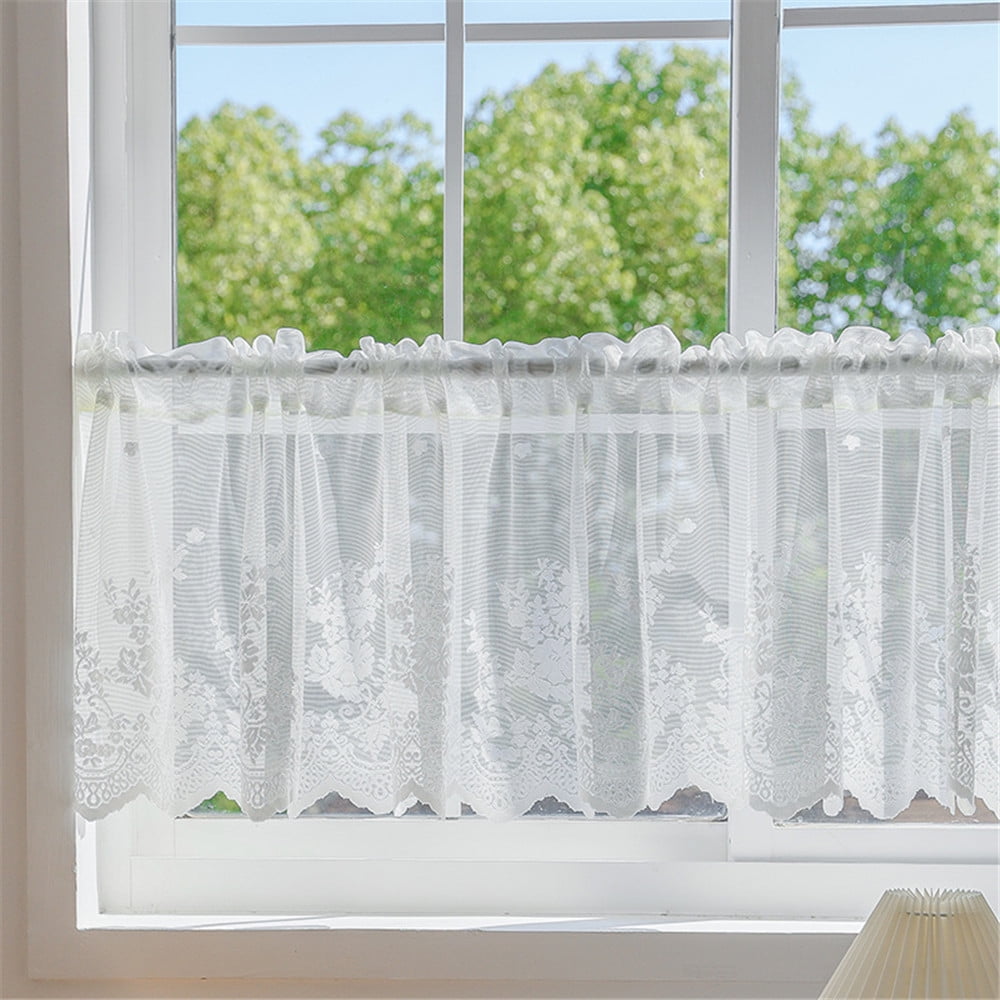 Ejiaya Pure White Floral Rose Lace for Kitchen Short Curtains 24 Long ...