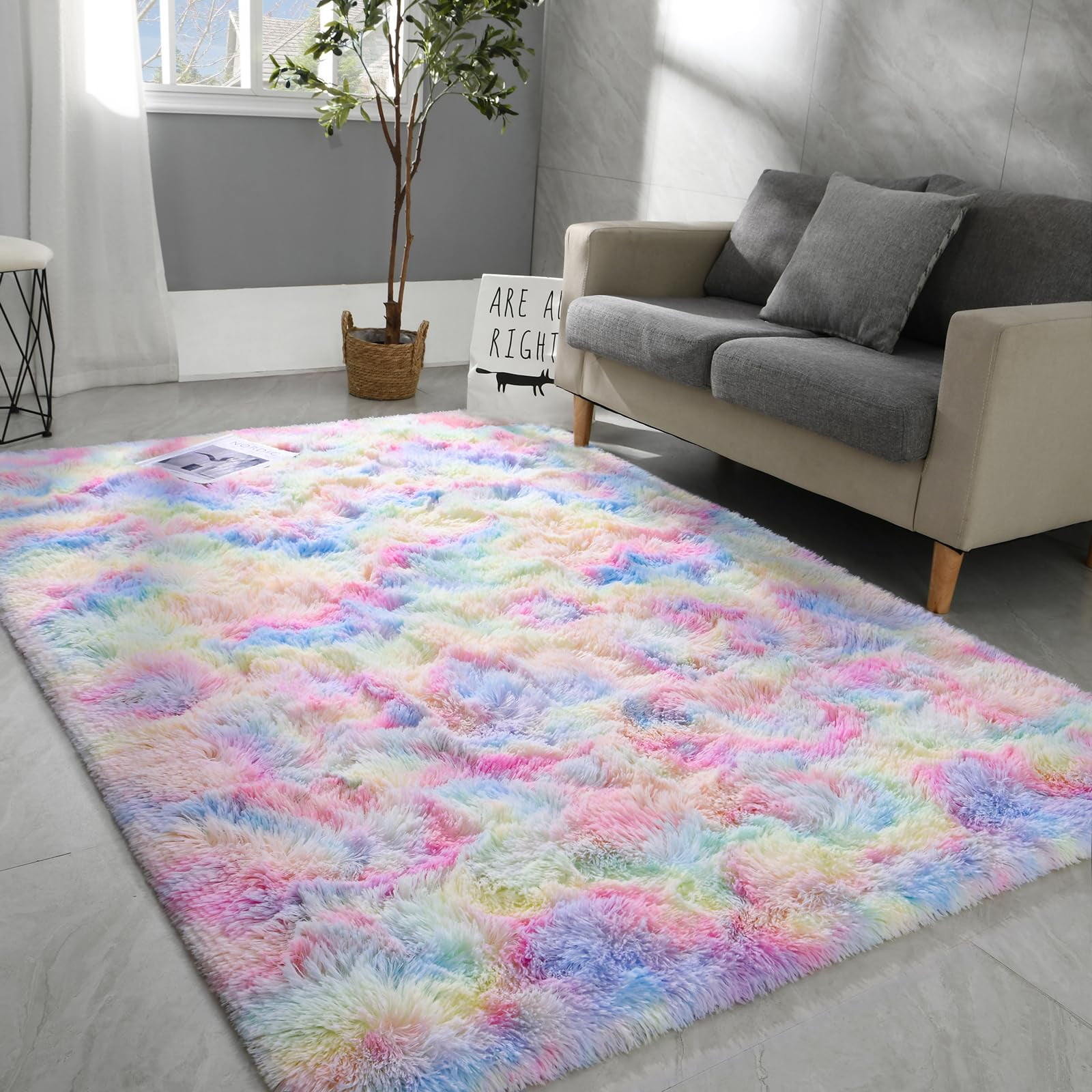 Ejiaya Shaggy Area Rug, Plush Furry Rugs for Living Room, Tie-Dyed Grey ...