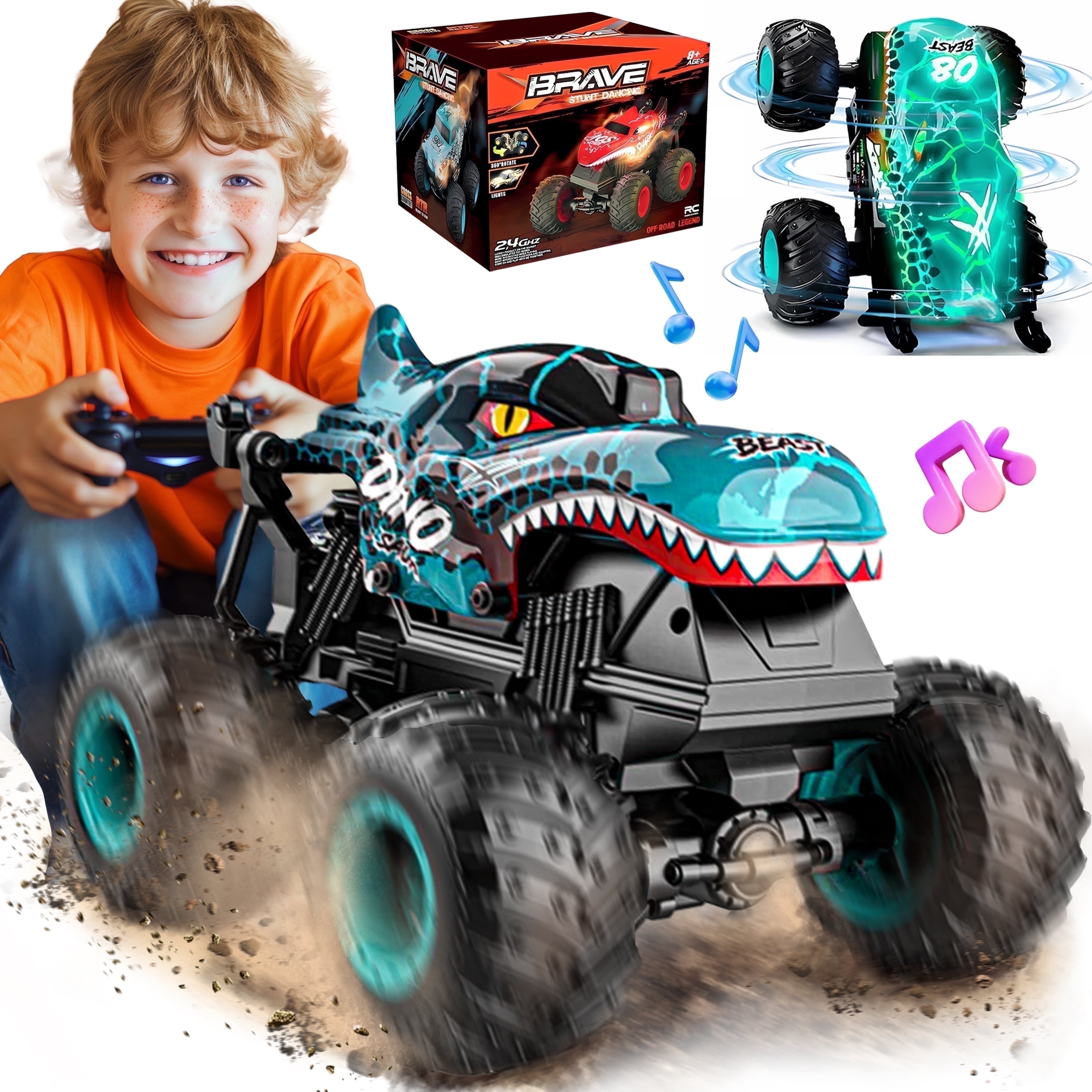 Ejoyoyin Remote Control Car, Dinosaur Monster Truck 1:20 with Lights ...
